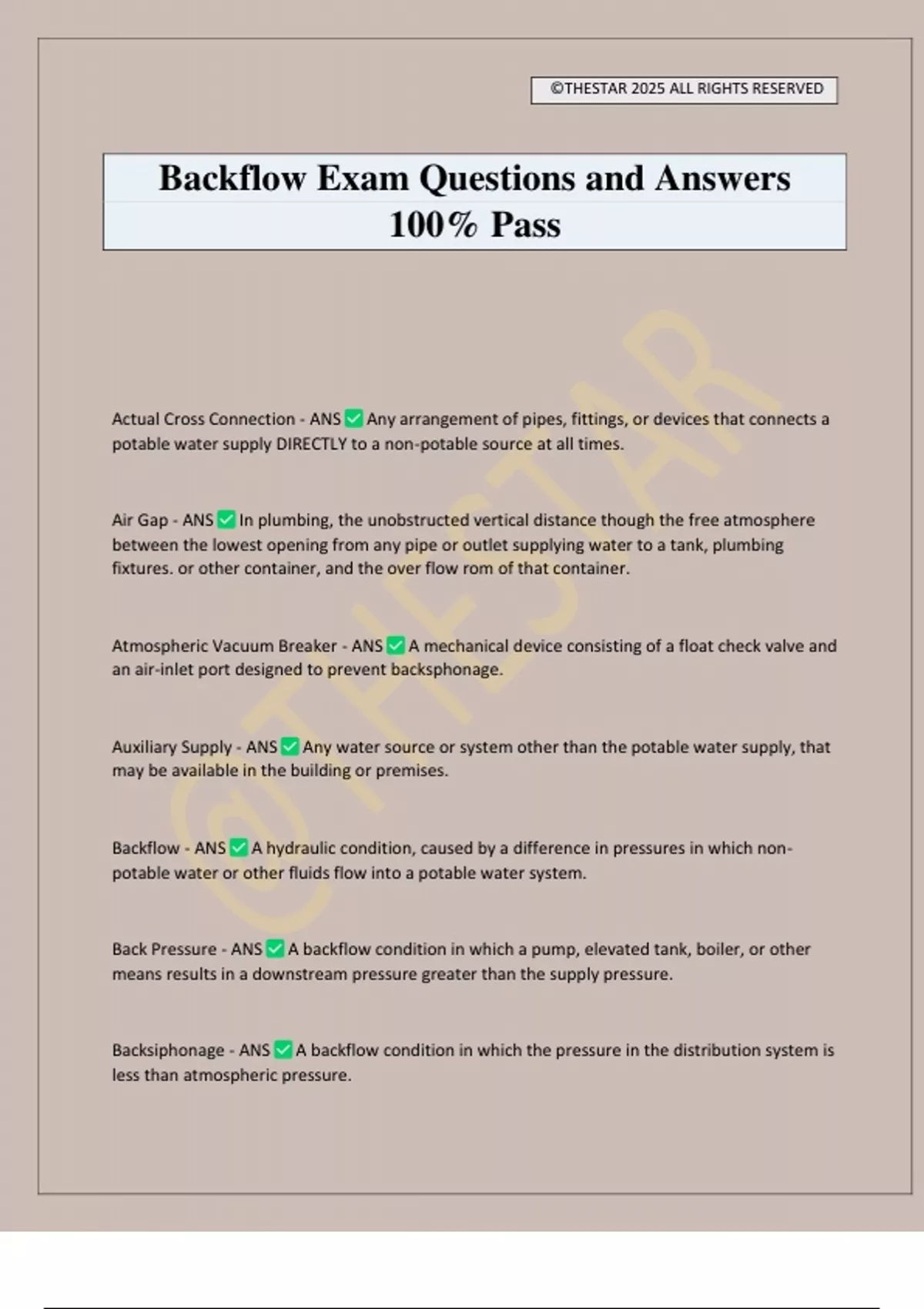 Backflow Exam Questions and Answers 100% Pass - Backflow - Stuvia US