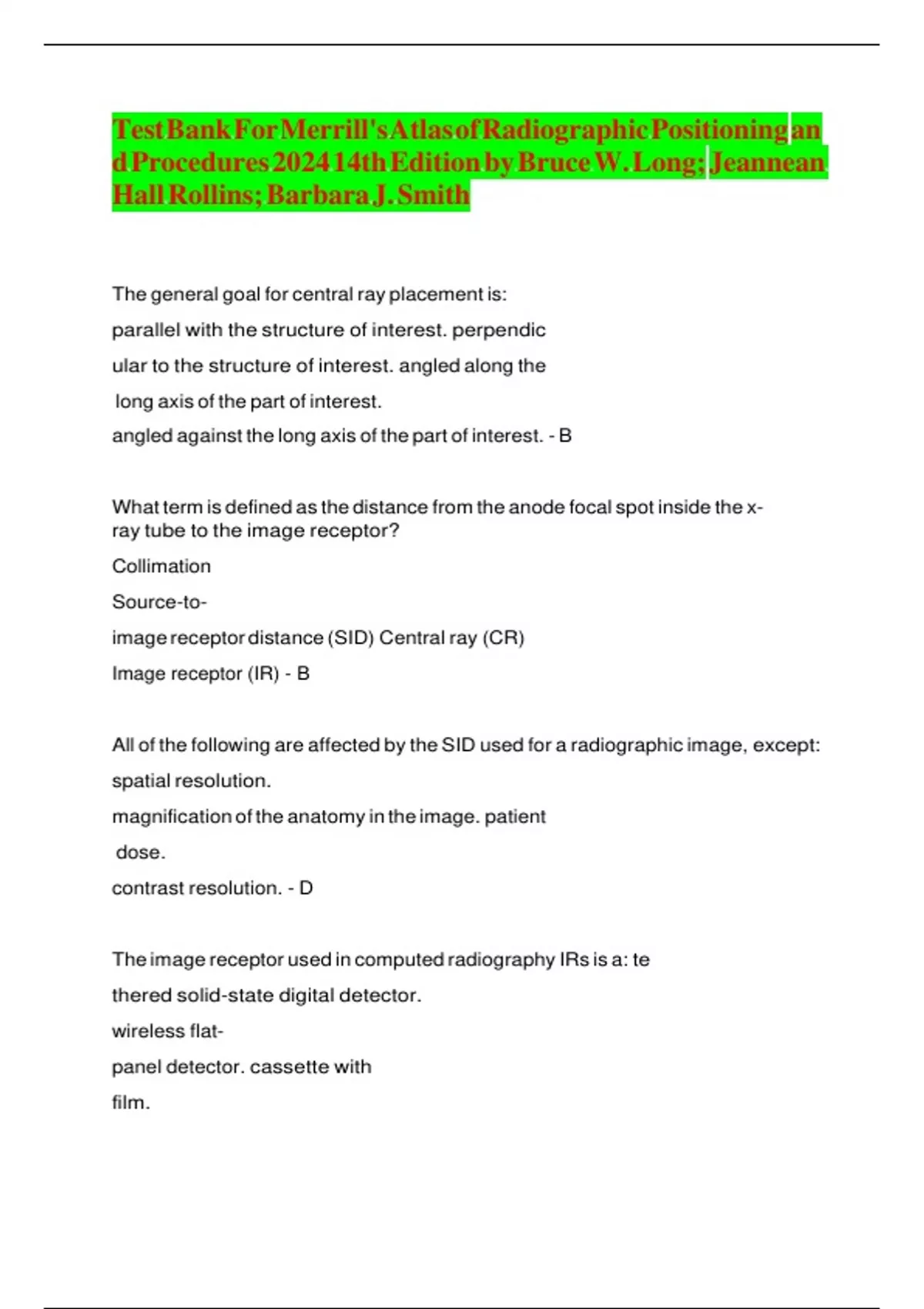 Test Bank for Merrills Atlas of Radiographic Positioning and Procedures ...