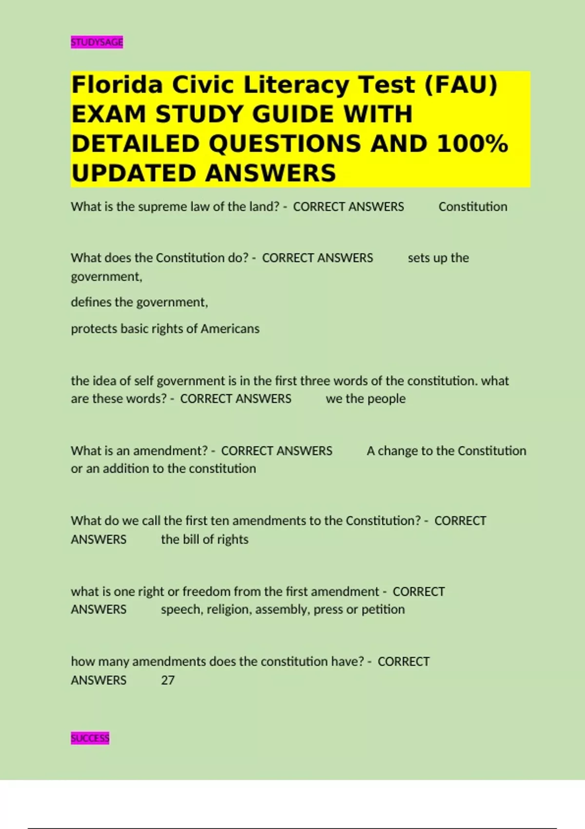 Florida Civic Literacy Test (FAU) EXAM STUDY GUIDE WITH DETAILED ...