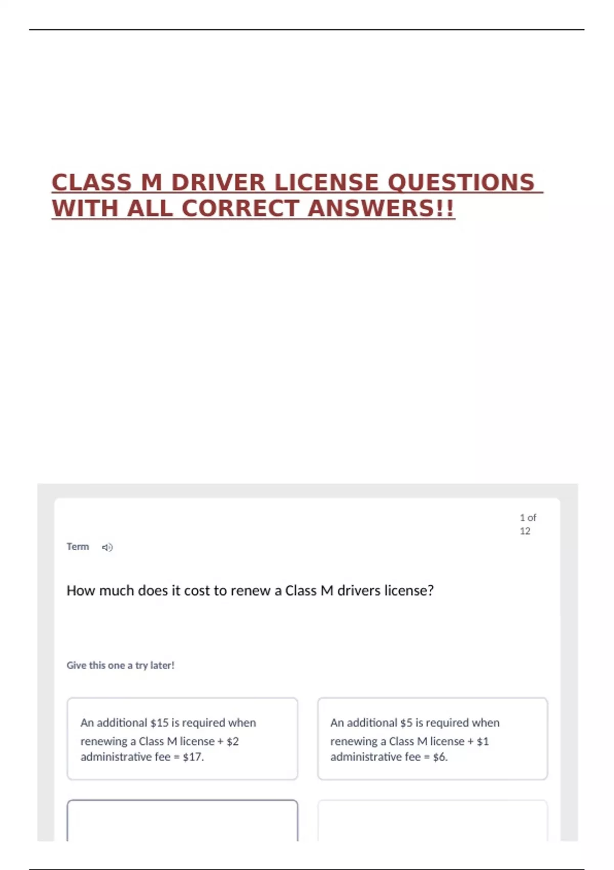 CLASS M DRIVER LICENSE QUESTIONS WITH ALL CORRECT ANSWERS!! - CLASS M ...