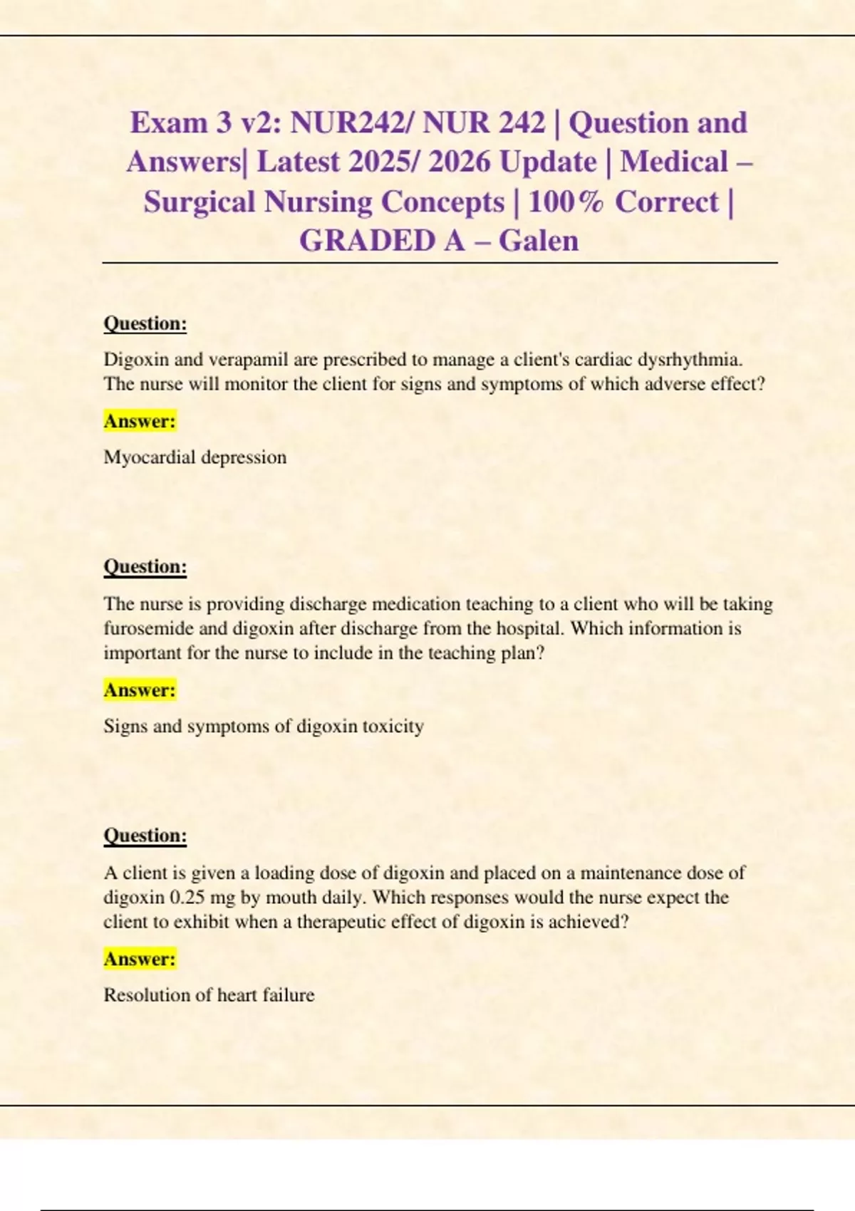 Exam 3 v2: NUR242/ NUR 242 | Question and Answers| Latest 2025/ 2026 ...