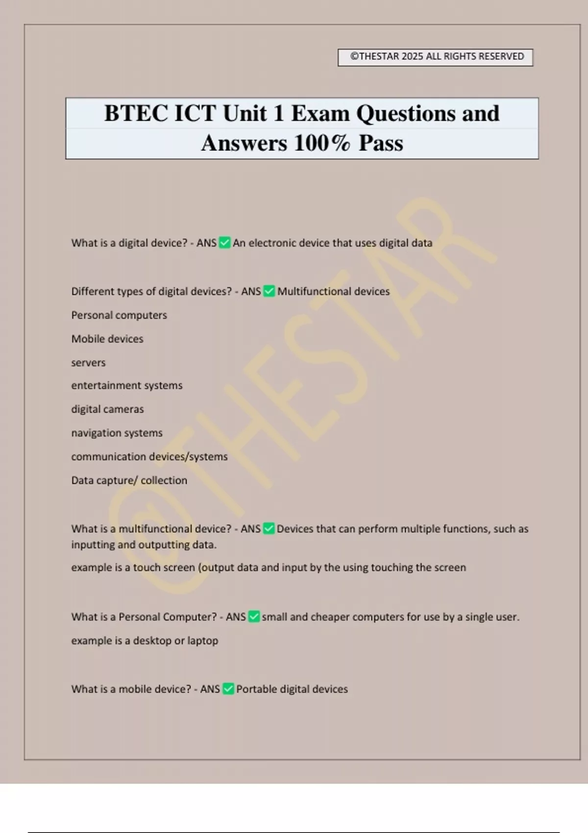 BTEC ICT Unit 1 Exam Questions and Answers 100% Pass - Ict - Stuvia US