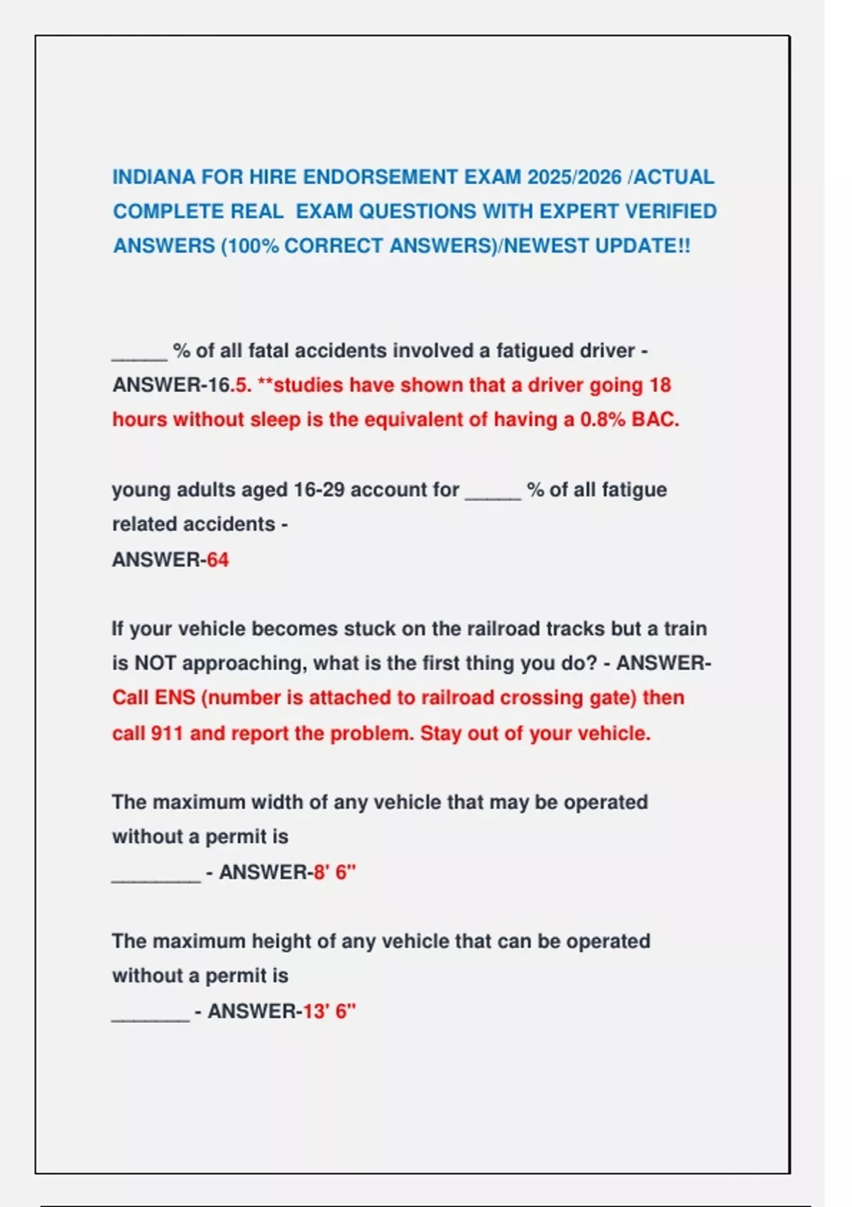 INDIANA FOR HIRE ENDORSEMENT EXAM 2025/2026 /ACTUAL COMPLETE REAL EXAM ...