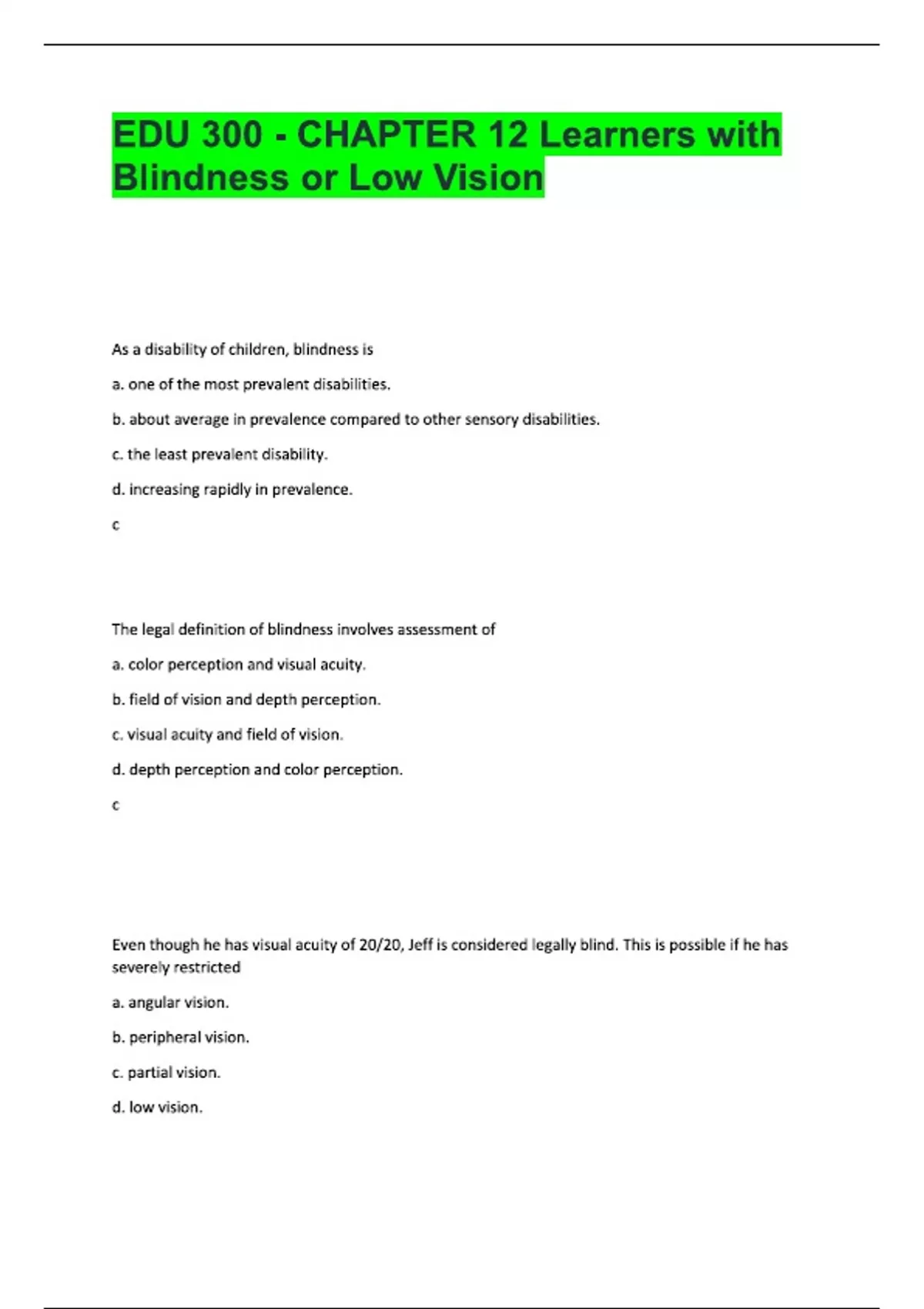 EDU 300 - CHAPTER 12 Learners with Blindness or Low Vision Questions ...