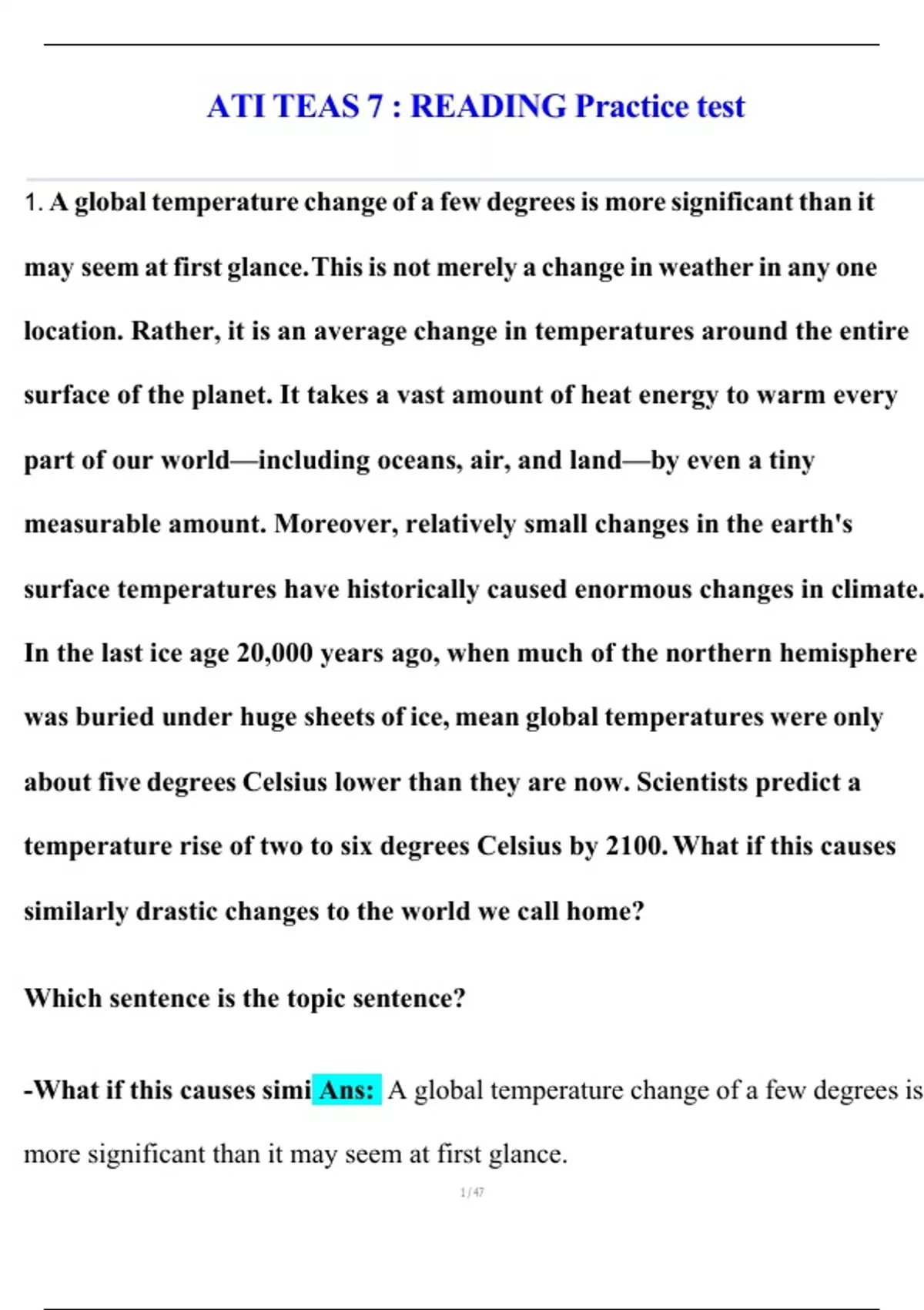 ATI TEAS 7 READING Practice test 2025/2026 Questions and Answers - ATI ...