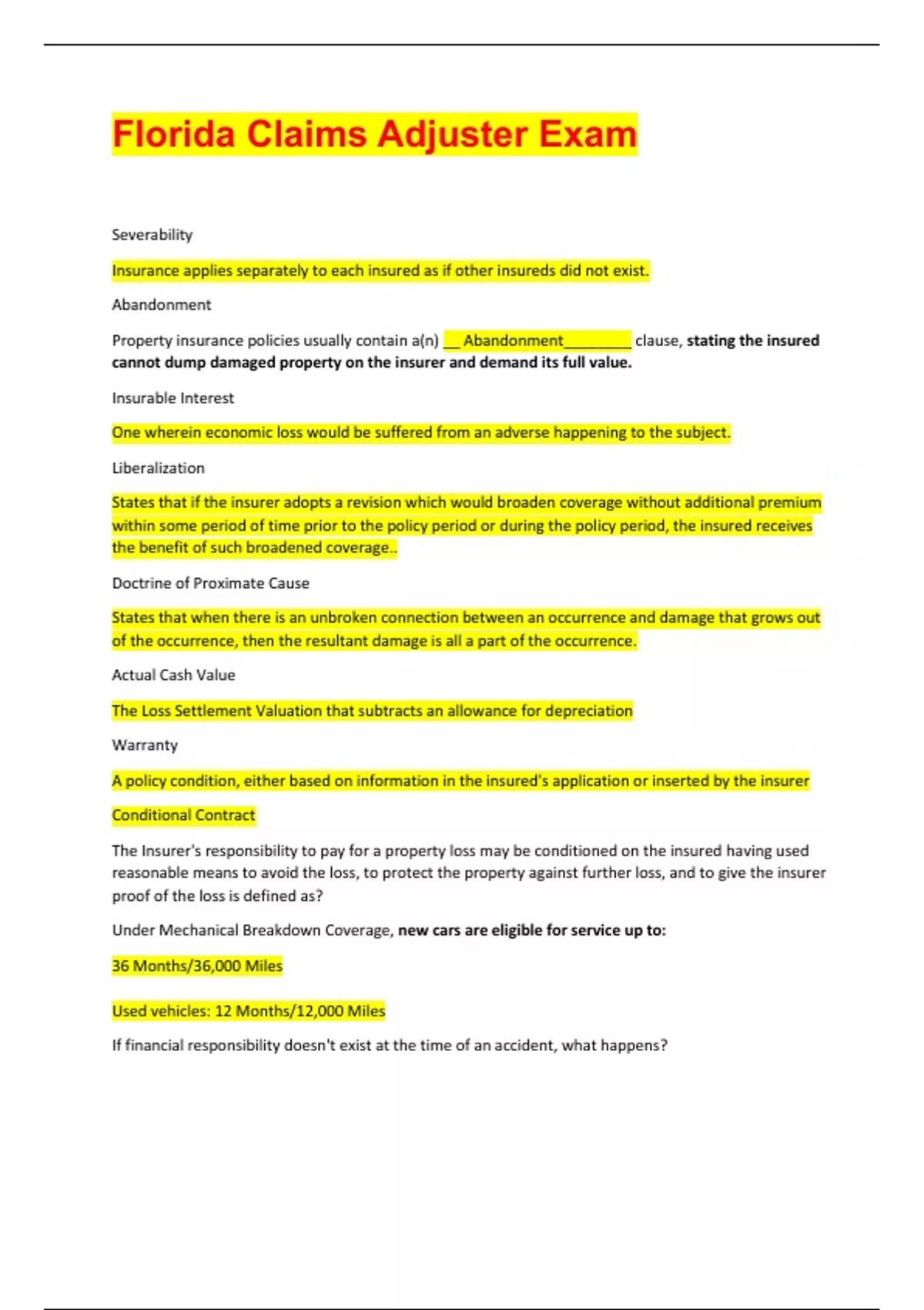 Florida Claims Adjuster Exam Questions and Answers With Latest 2025/ ...