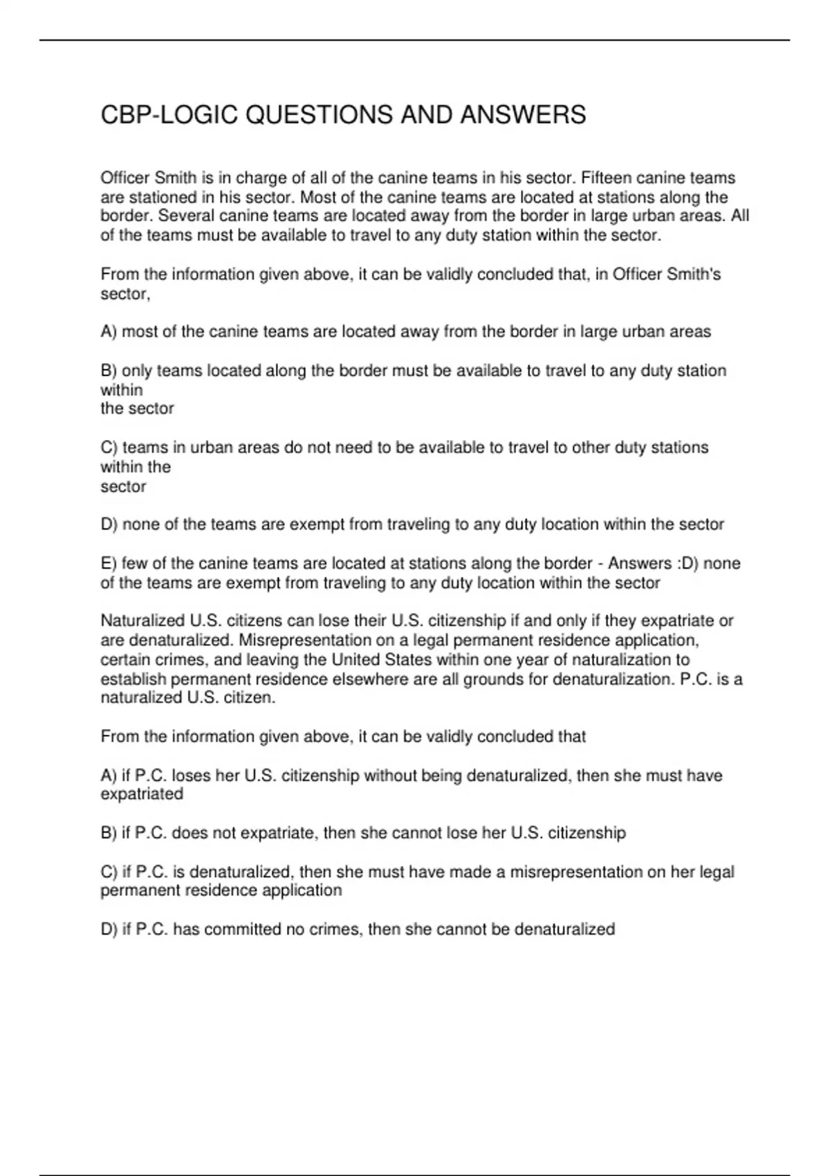 CBP-LOGIC QUESTIONS AND ANSWERS - CBP-LOGIC - Stuvia US