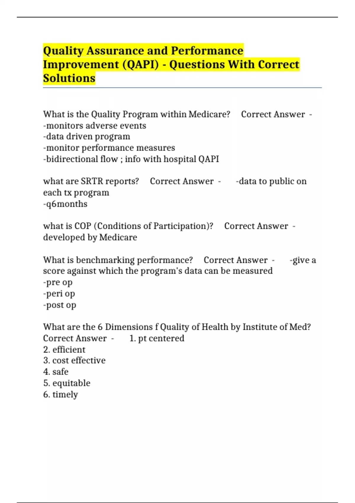 Quality Assurance and Performance Improvement (QAPI) - Questions With Correct Solutions - QAPI ...