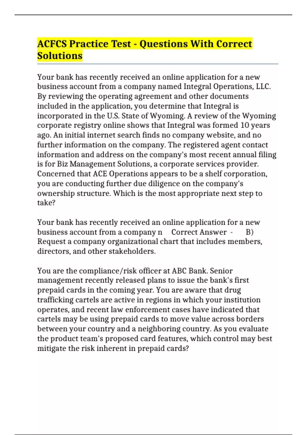 ACFCS Practice Test - Questions With Correct Solutions - ACFCS - Stuvia US