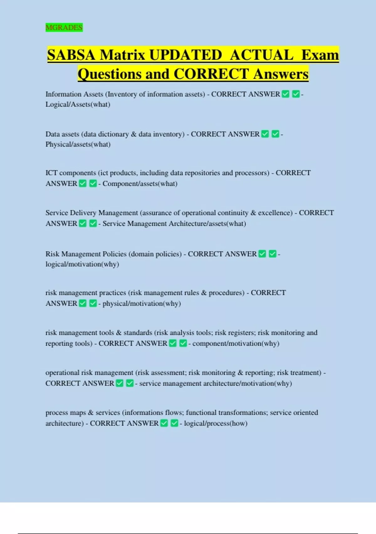 SABSA Bundled Exam Questions WITH CORRECT Answers - Stuvia US