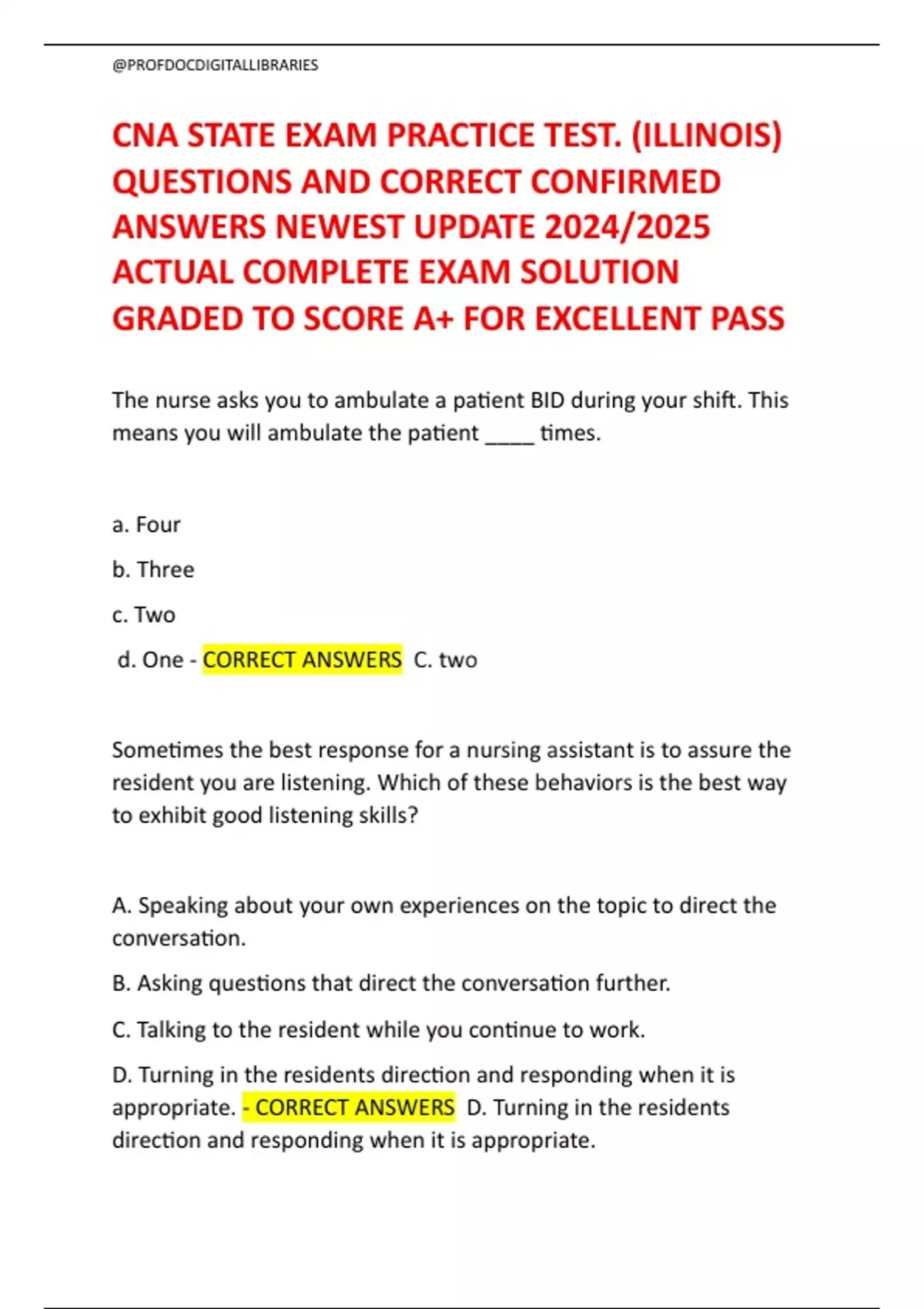 CNA STATE EXAM PRACTICE TEST. (ILLINOIS) QUESTIONS AND CORRECT ...
