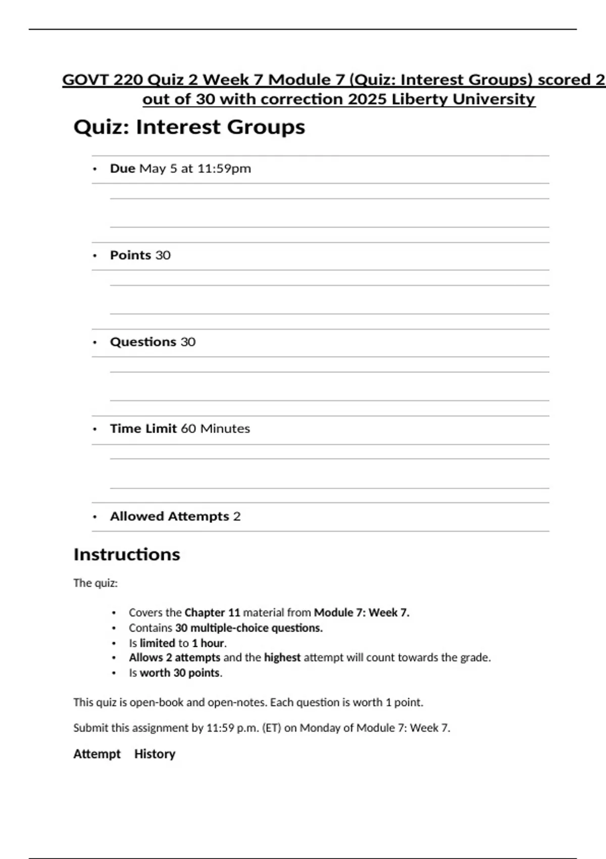 GOVT 220 Quiz 2 Week 7 Module 7 (Quiz: Interest Groups) scored 29 out ...