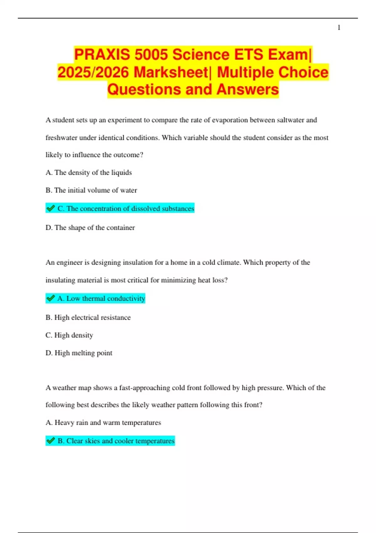 PRAXIS 5005 Science ETS Exam| 2025/2026 Marksheet| Multiple Choice ...
