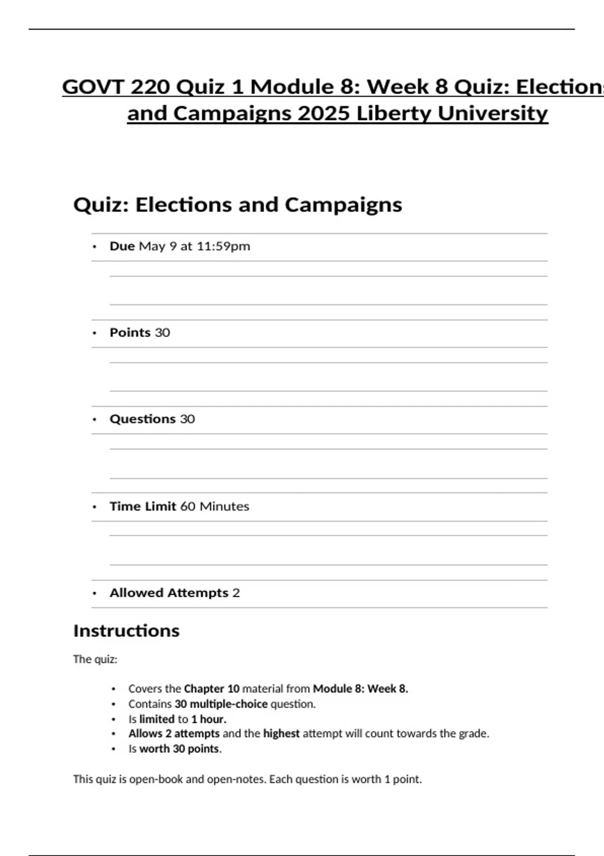 GOVT 220 Quiz 1 Module 8: Week 8 Quiz: Elections and Campaigns scored ...