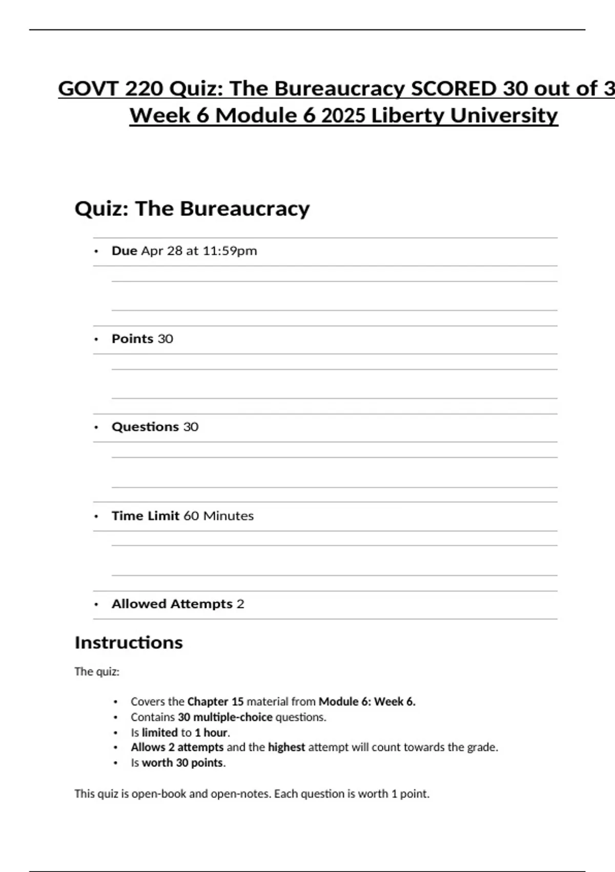GOVT 220 Quiz: The Bureaucracy SCORED 30 out of 30 Week 6 Module 6 2025 ...