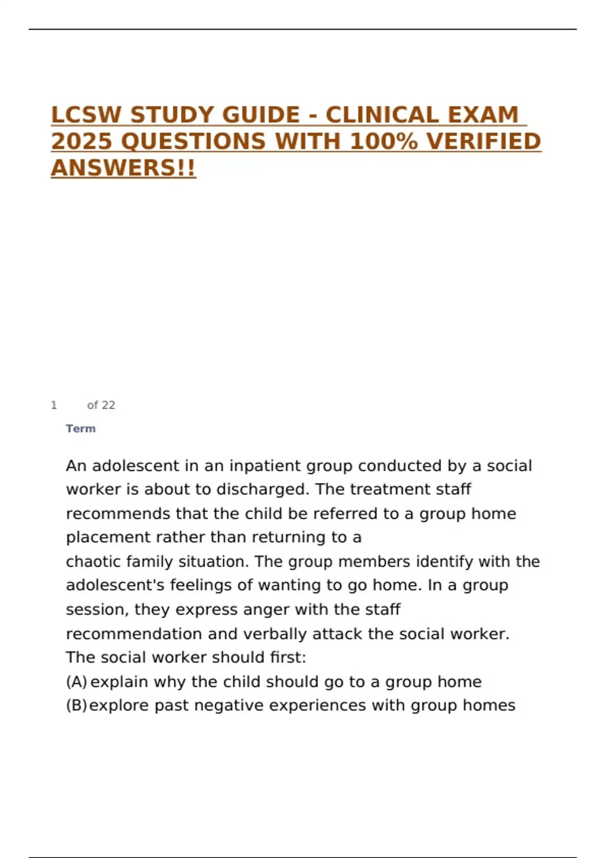 LCSW STUDY GUIDE - CLINICAL EXAM 2025 QUESTIONS WITH 100% VERIFIED ...
