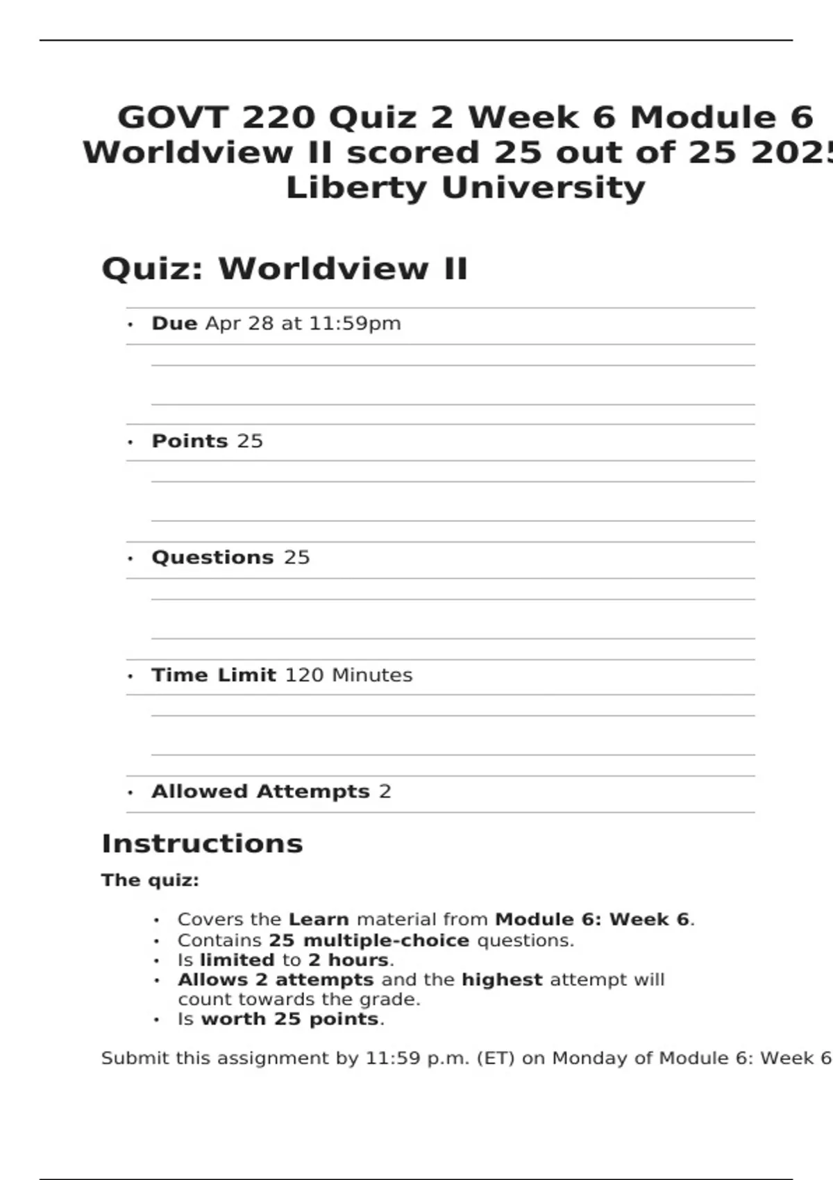 GOVT 220 Quiz 2 Week 6 Module 6 Worldview II scored 25 out of 25 2025 ...