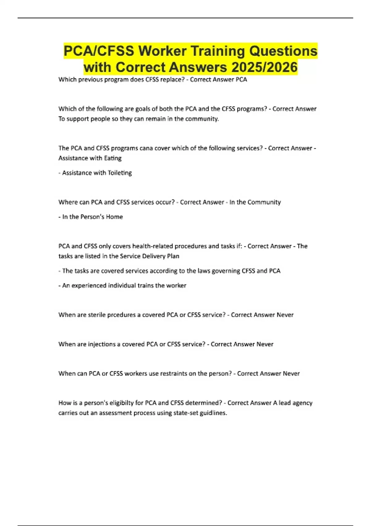 PCA/CFSS Worker Training Questions with Correct Answers 2025/2026 - PCA ...