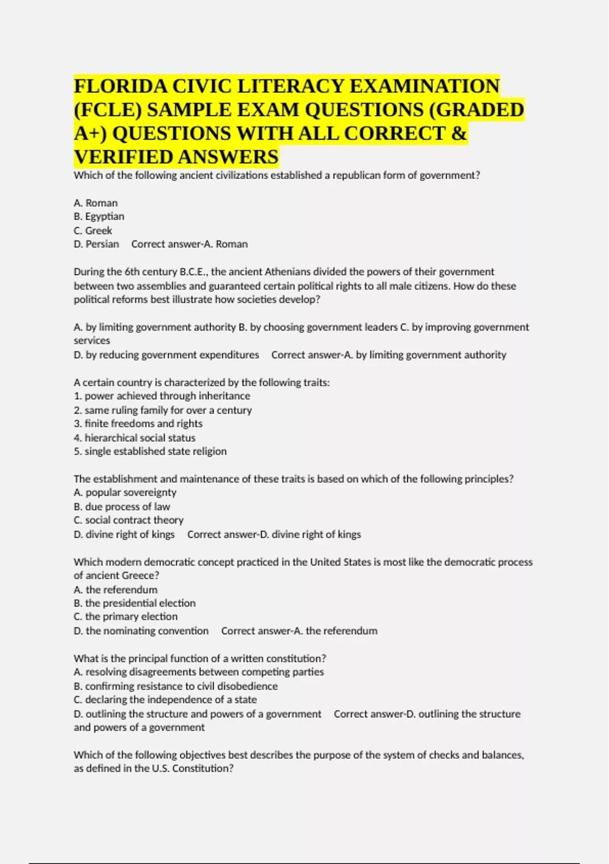 FLORIDA CIVIC LITERACY EXAMINATION (FCLE) SAMPLE EXAM QUESTIONS (GRADED ...