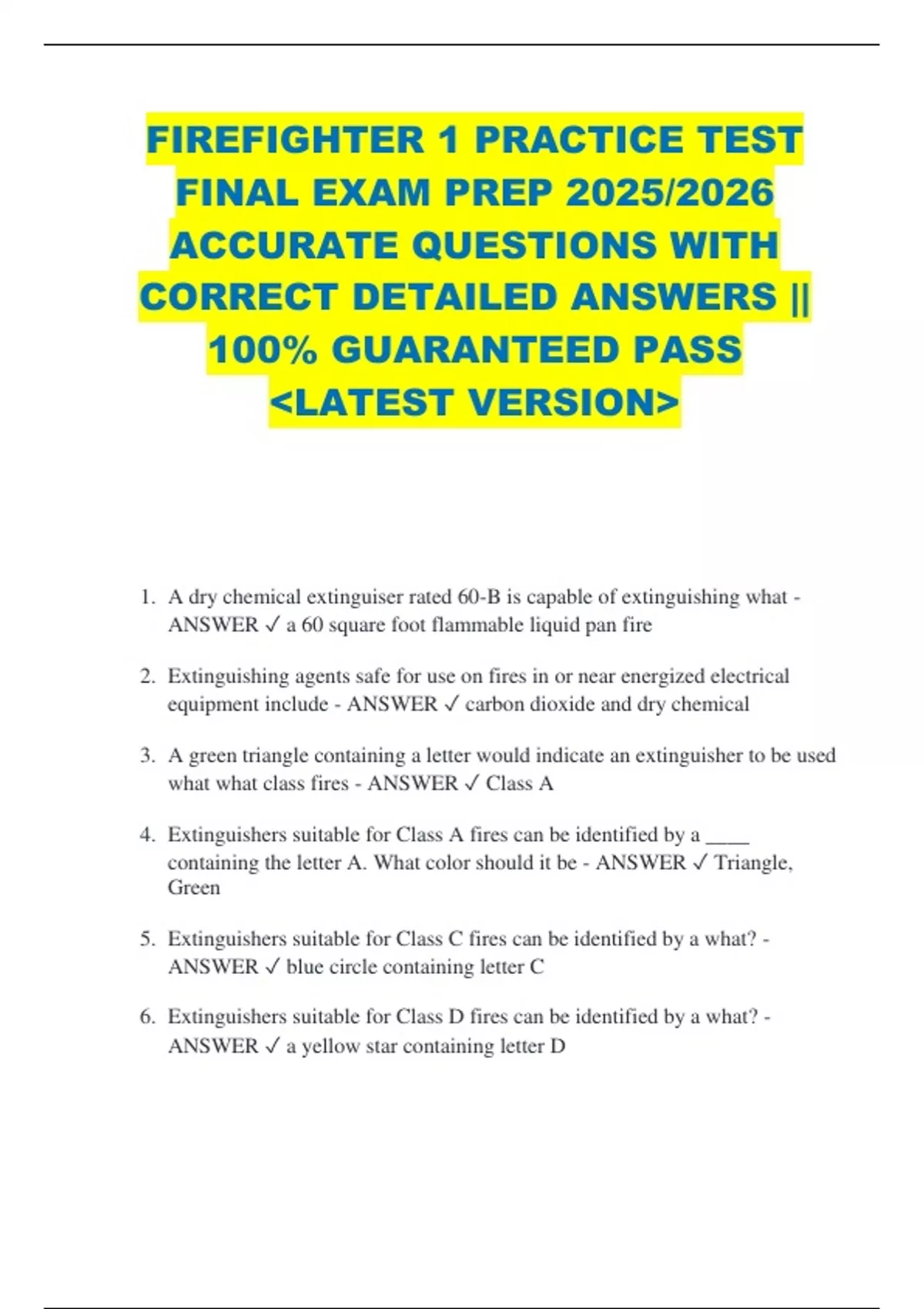 FIREFIGHTER 1 PRACTICE TEST FINAL EXAM PREP 2025/2026 ACCURATE ...