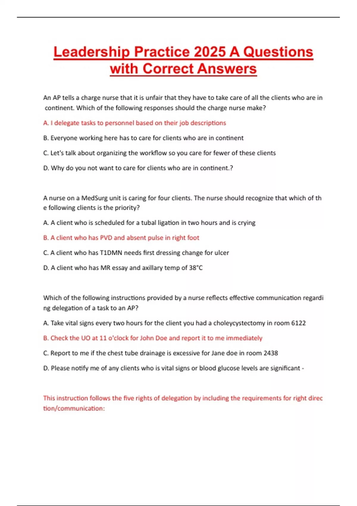 Leadership Practice 2025 A Questions with Correct Answers - ATI ...