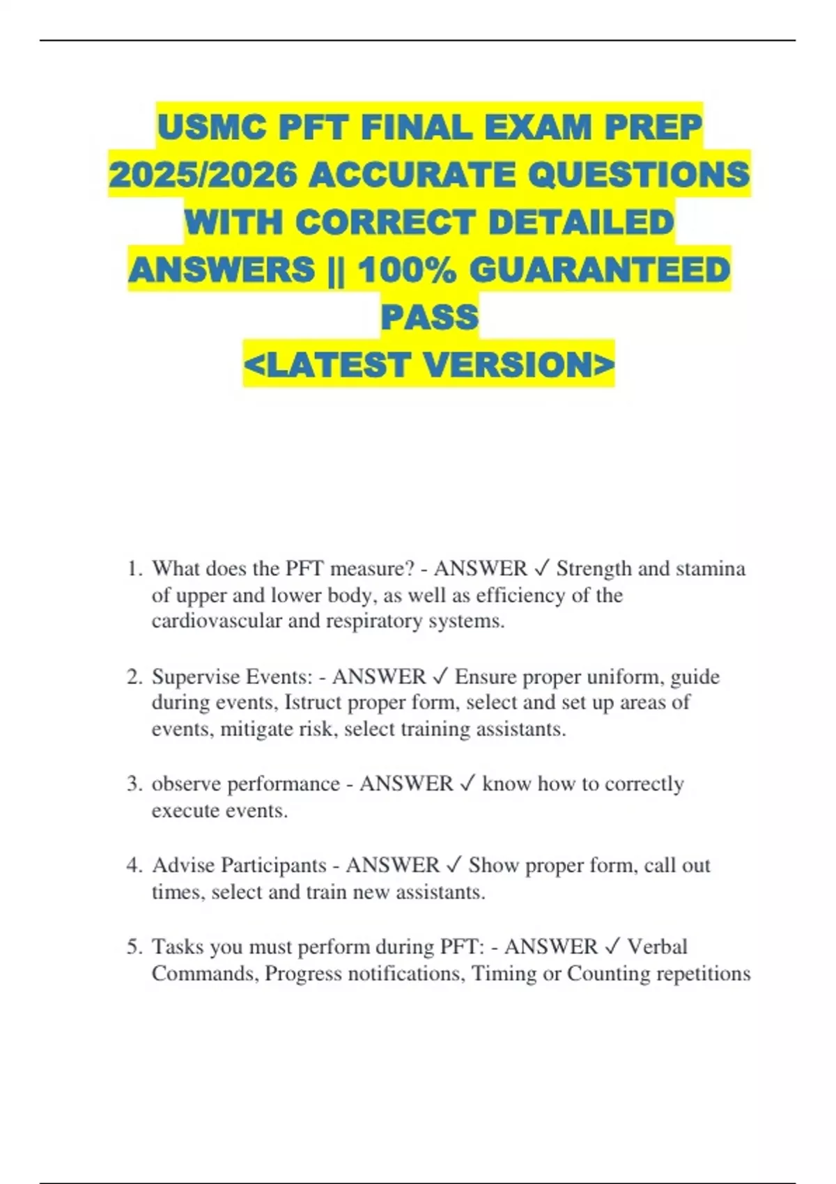 USMC PFT FINAL EXAM PREP 2025/2026 ACCURATE QUESTIONS WITH CORRECT DETAILED ANSWERS || 100% ...