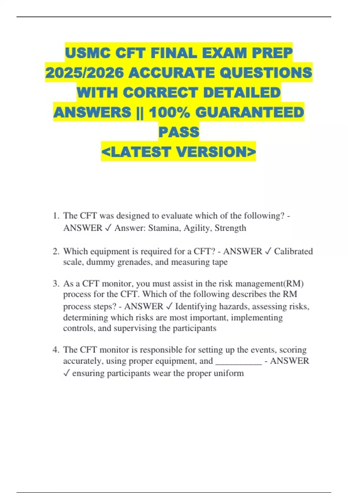 USMC CFT FINAL EXAM PREP 2025/2026 ACCURATE QUESTIONS WITH CORRECT ...