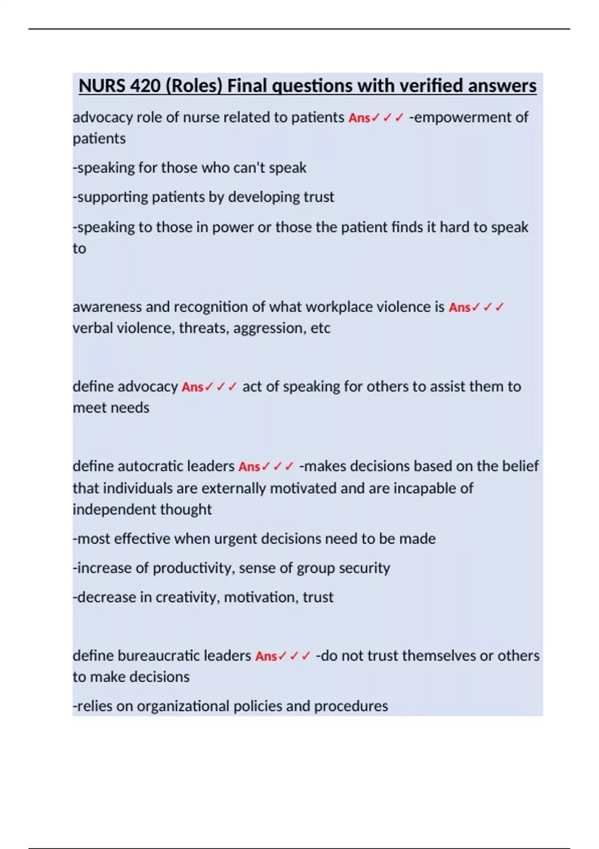 NURS 420 (Roles) Final questions with verified answers - Nurs 420 ...