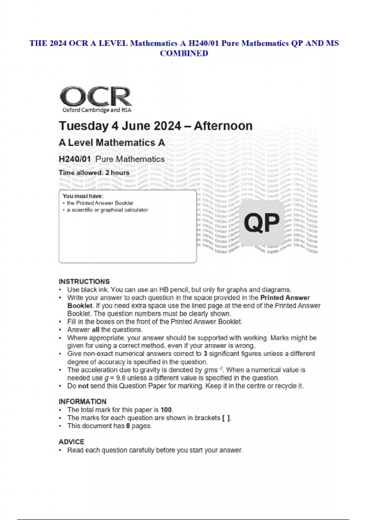 THE 2024 OCR A LEVEL Mathematics A H240/01 Pure Mathematics QP AND MS ...
