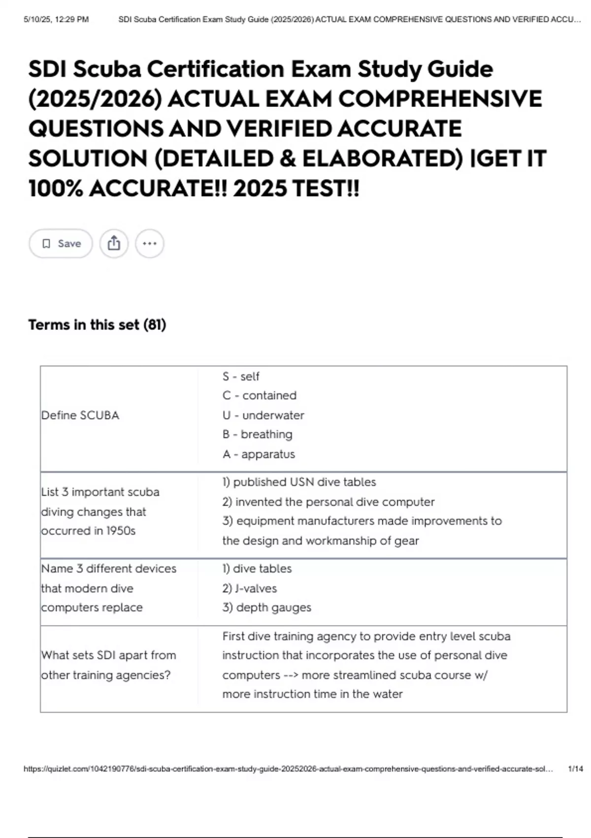 SDI Scuba Certification Exam Study Guide (2025/2026) ACTUAL EXAM COMPREHENSIVE QUESTIONS AND ...