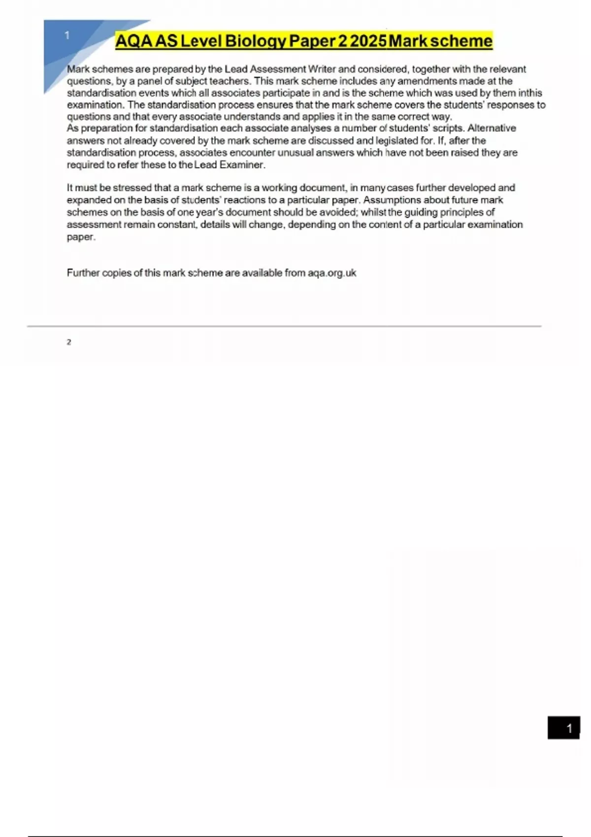 AQA AS Level Biology Paper 2 2025 Mark scheme - AQA AS Level Biology ...