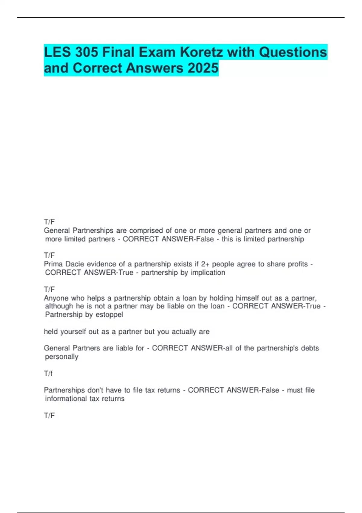 LES 305 Final Exam Koretz with Questions and Correct Answers 2025. - LES 305 - Stuvia US