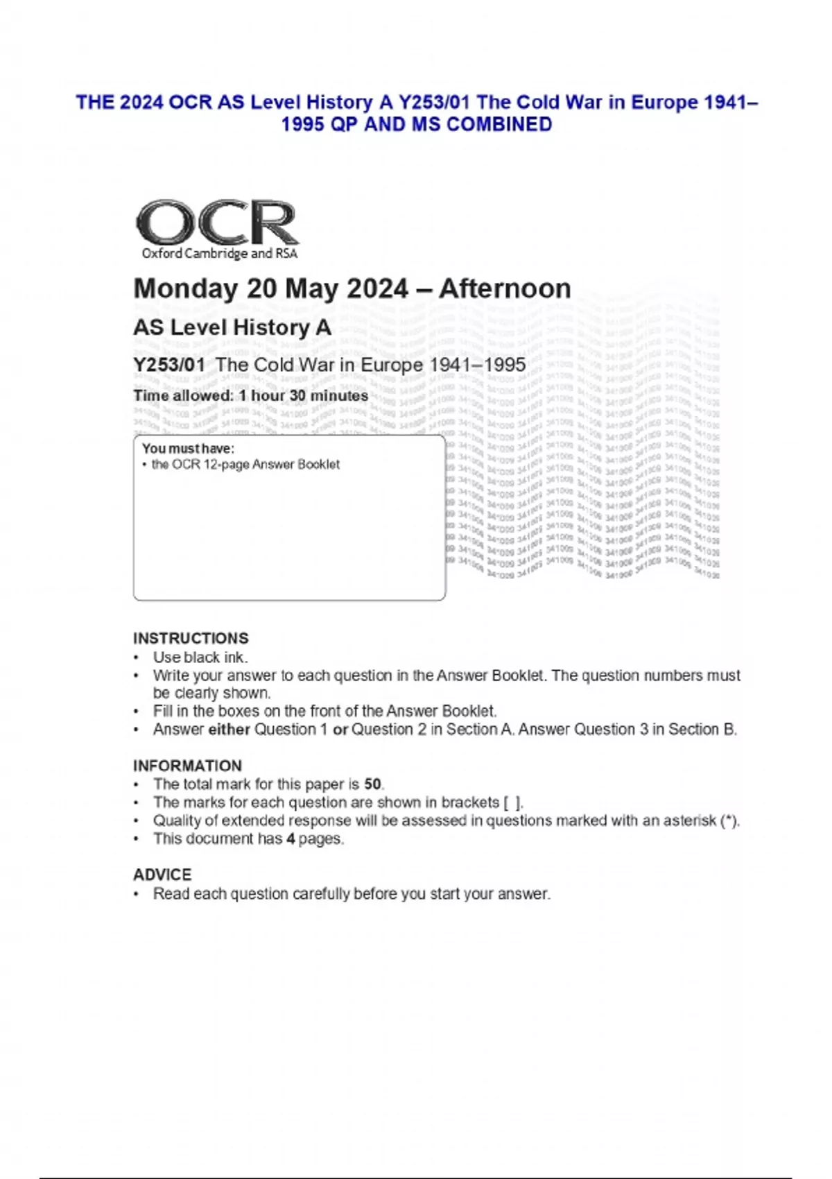 THE 2024 OCR AS Level History A Y253/01 The Cold War in Europe 1941– 1995 QP AND MS COMBINED ...