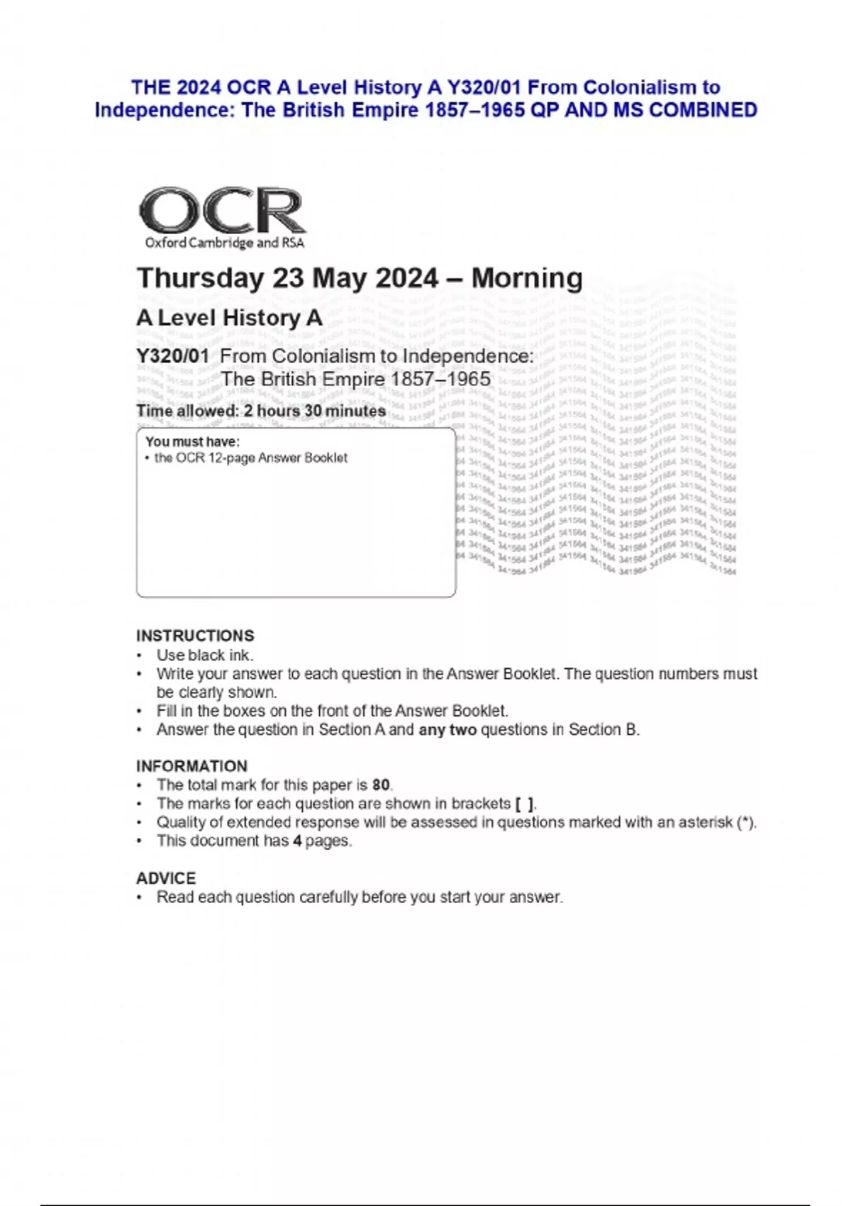 THE 2024 OCR A Level History A Y320/01 From Colonialism to Independence: The British Empire 1857 ...