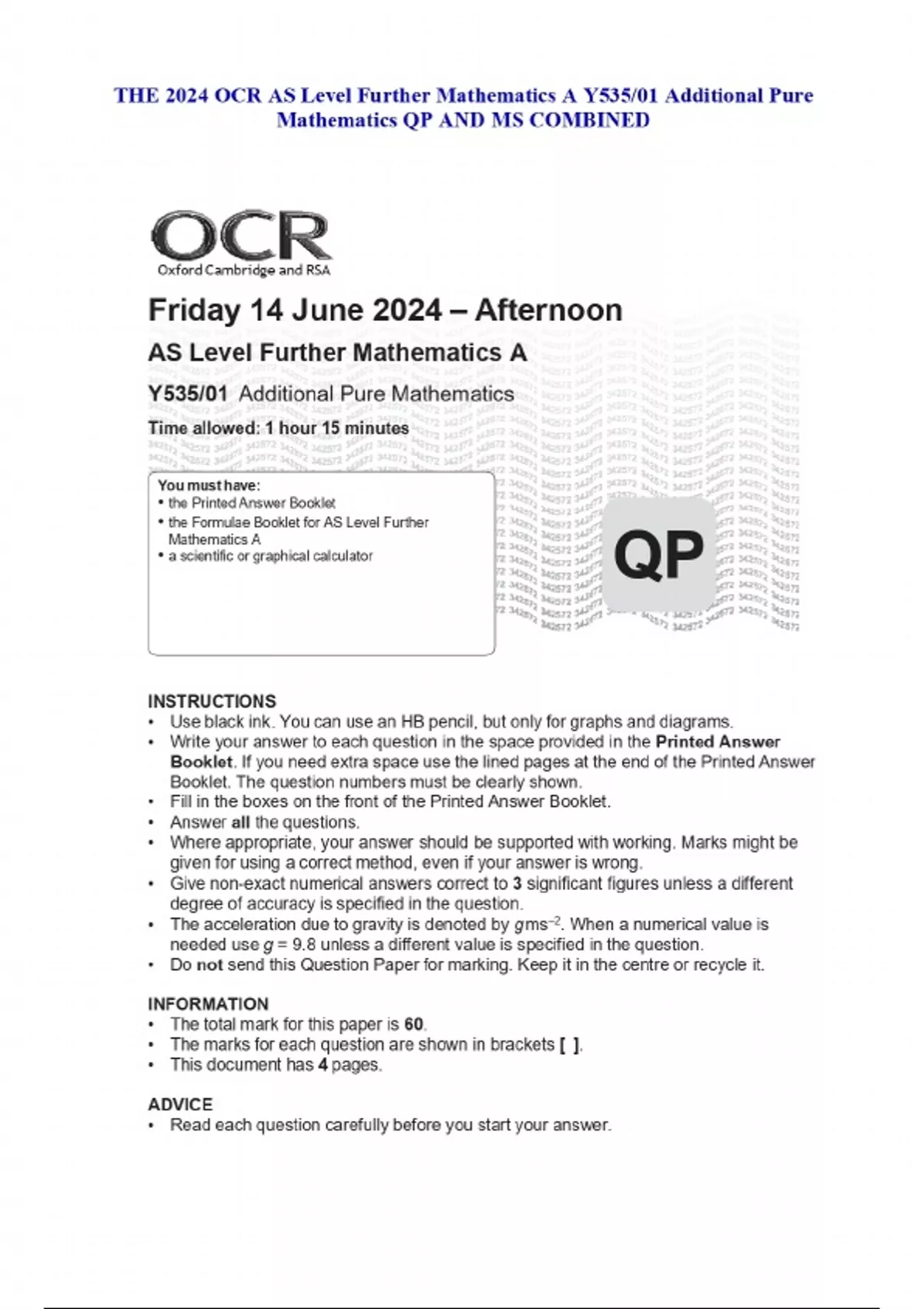 THE 2024 OCR AS Level Further Mathematics A Y535/01 Additional Pure ...