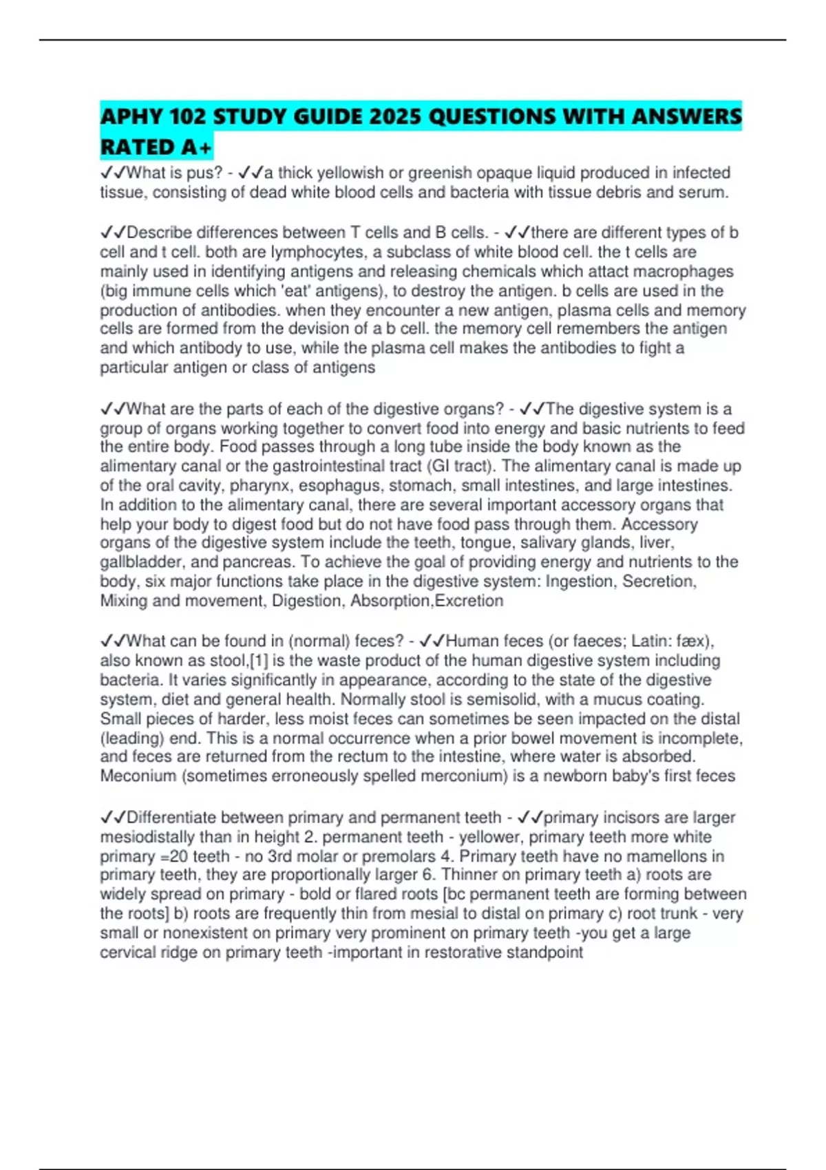 APHY 102 STUDY GUIDE 2025 QUESTIONS WITH ANSWERS RATED A+ - APHY 102 ...