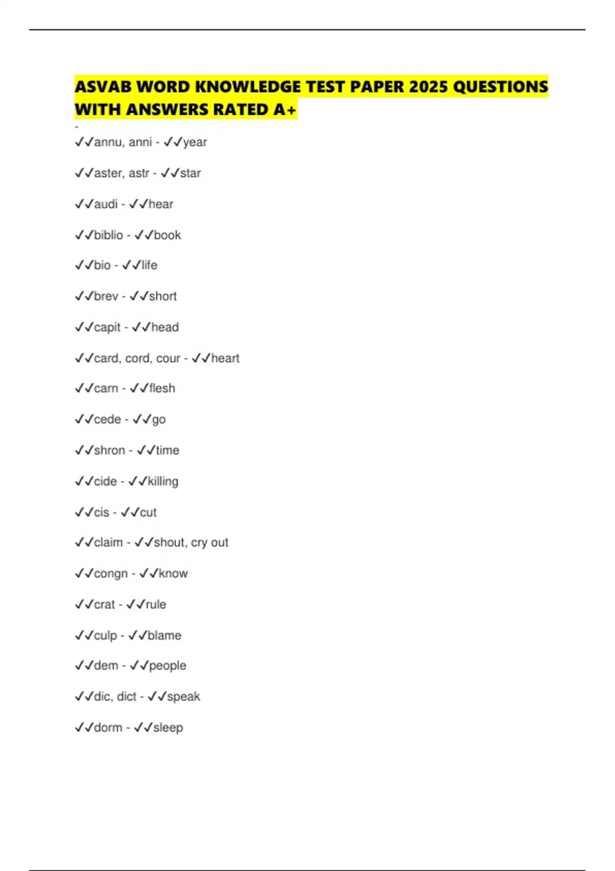 ASVAB WORD KNOWLEDGE TEST PAPER 2025 QUESTIONS WITH ANSWERS RATED A+ ...