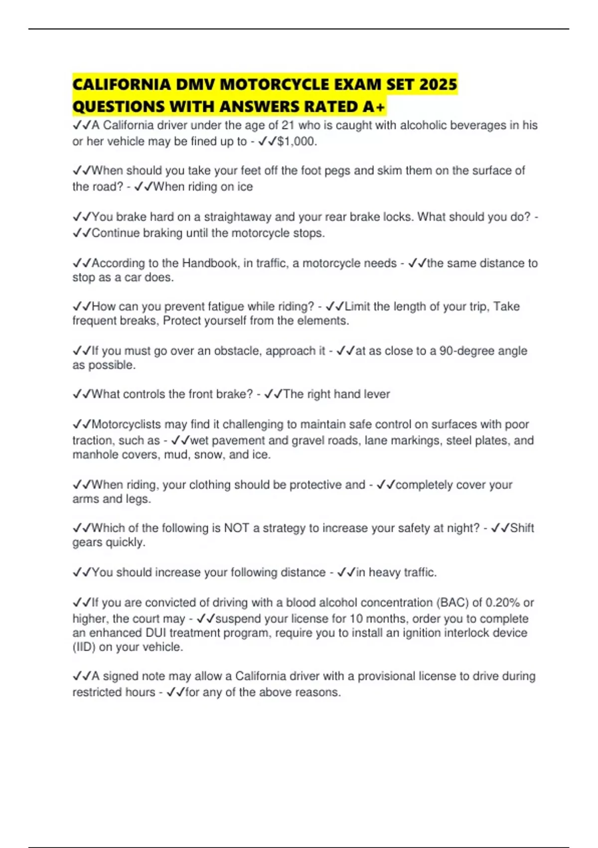 CALIFORNIA DMV MOTORCYCLE EXAM SET 2025 QUESTIONS WITH ANSWERS RATED A+ ...