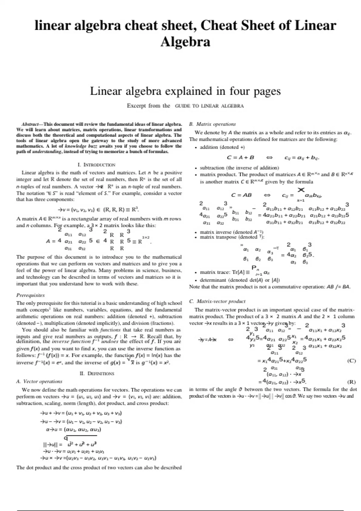 Linear Algebra Cheat Sheet | Quick Reference Guide for Key Concepts ...