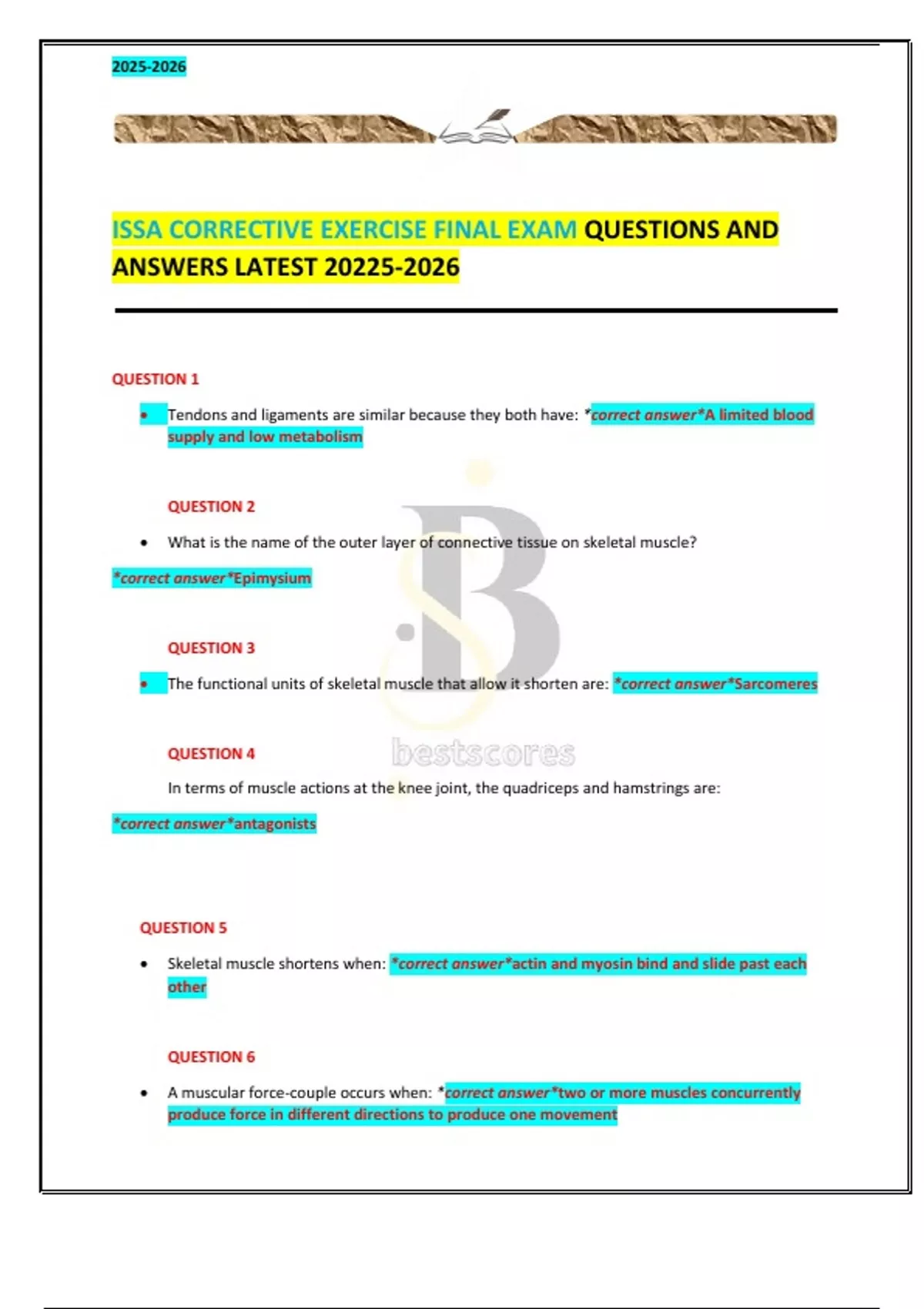 ISSA CORRECTIVE EXERCISE FINAL EXAM QUESTIONS AND ANSWERS LATEST - ISSA ...