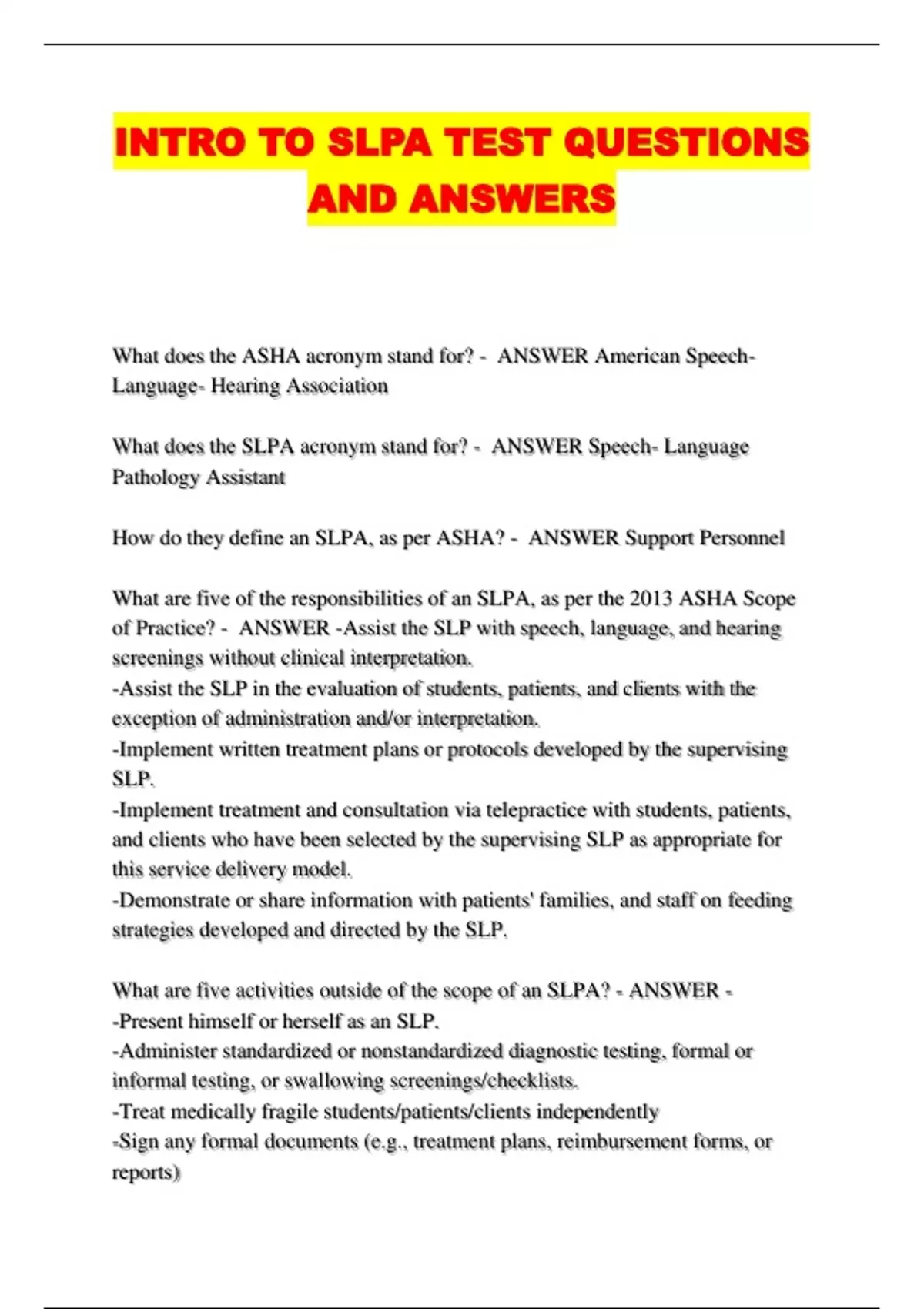 INTRO TO SLPA TEST QUESTIONS AND ANSWERS - INTRO TO SLPA - Stuvia US
