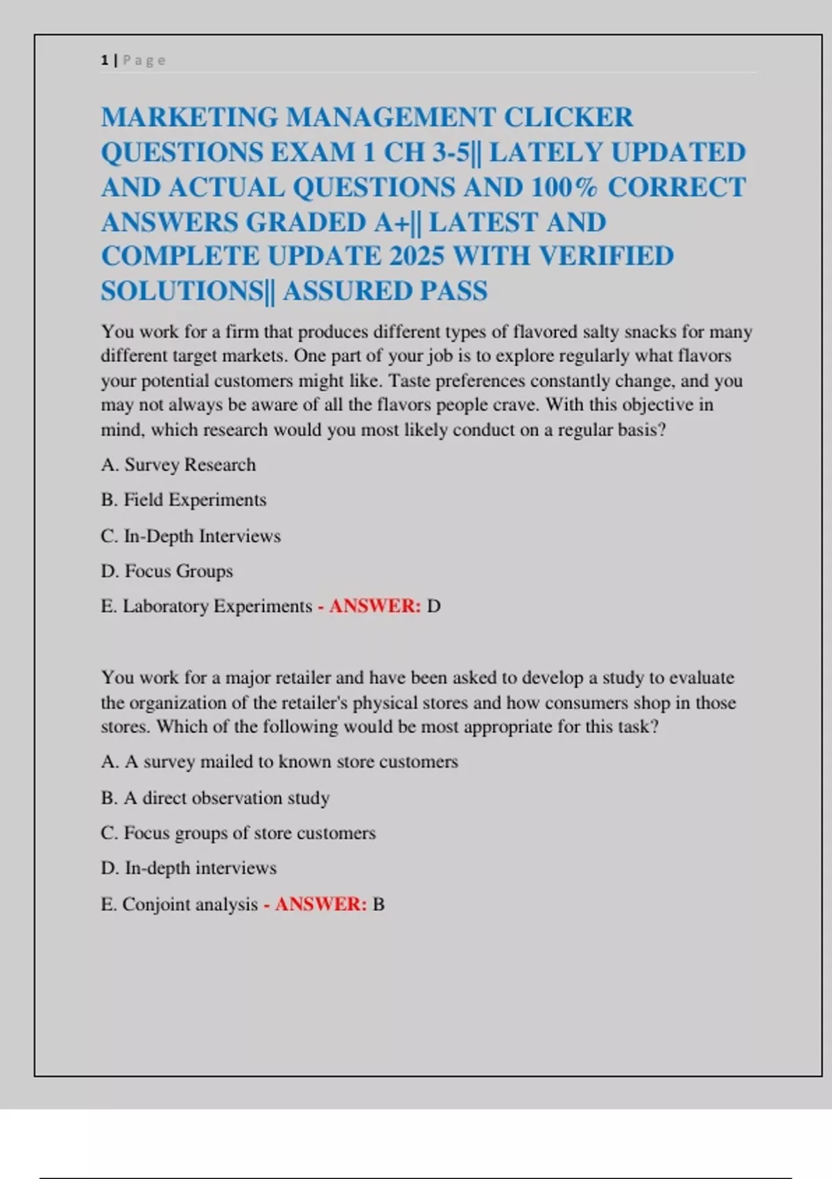 Marketing Management – Exam 1 Clicker Questions (Chapters 3–5) – 2025 ...