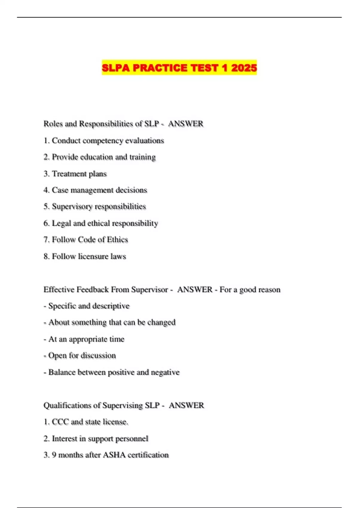 SLPA PRACTICE TEST 1 2025 - SLPA - Stuvia US