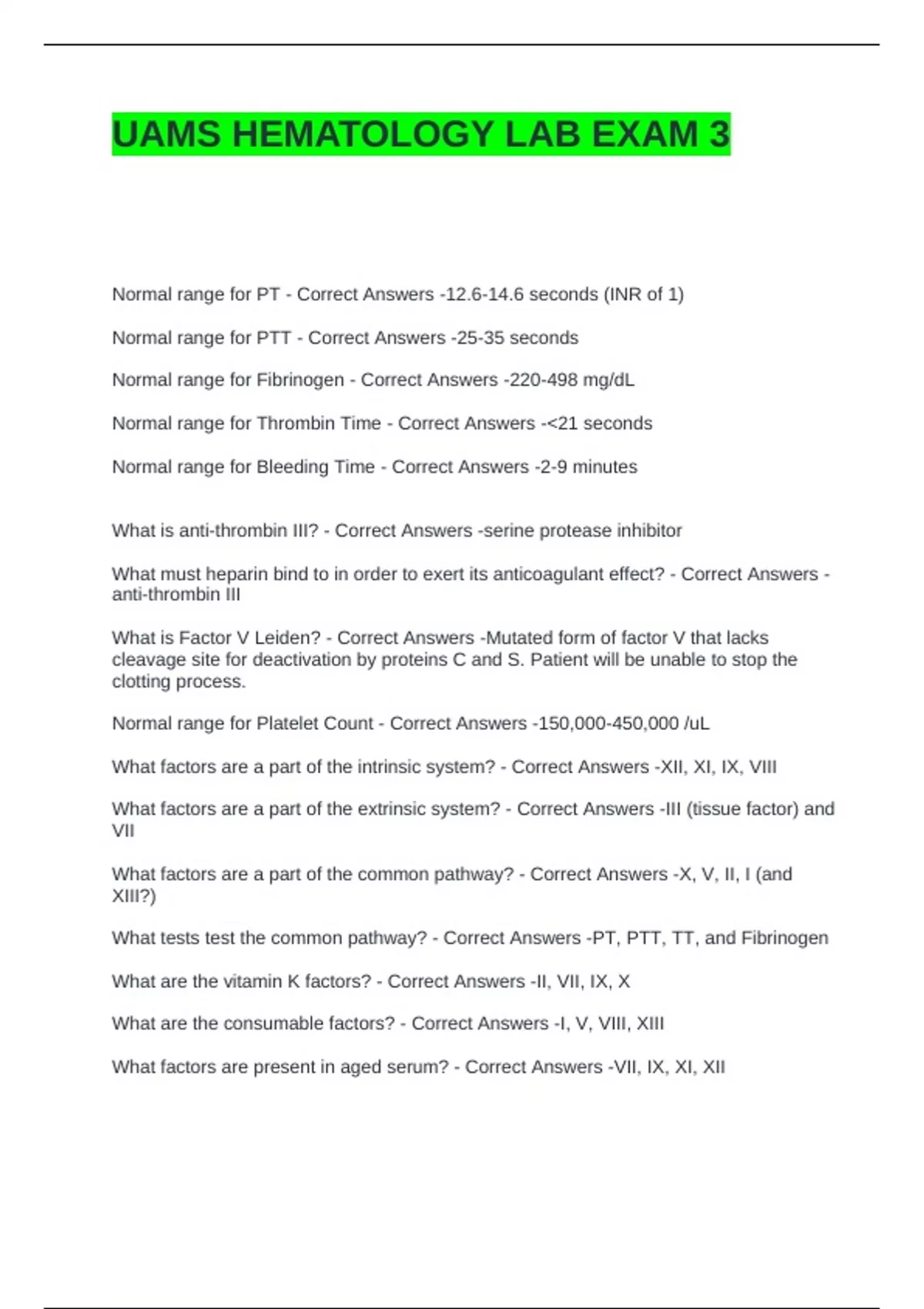 UAMS HEMATOLOGY LAB EXAM 3 QUESTIONS WITH COMPLETE SOLUTIONS - UAMS ...
