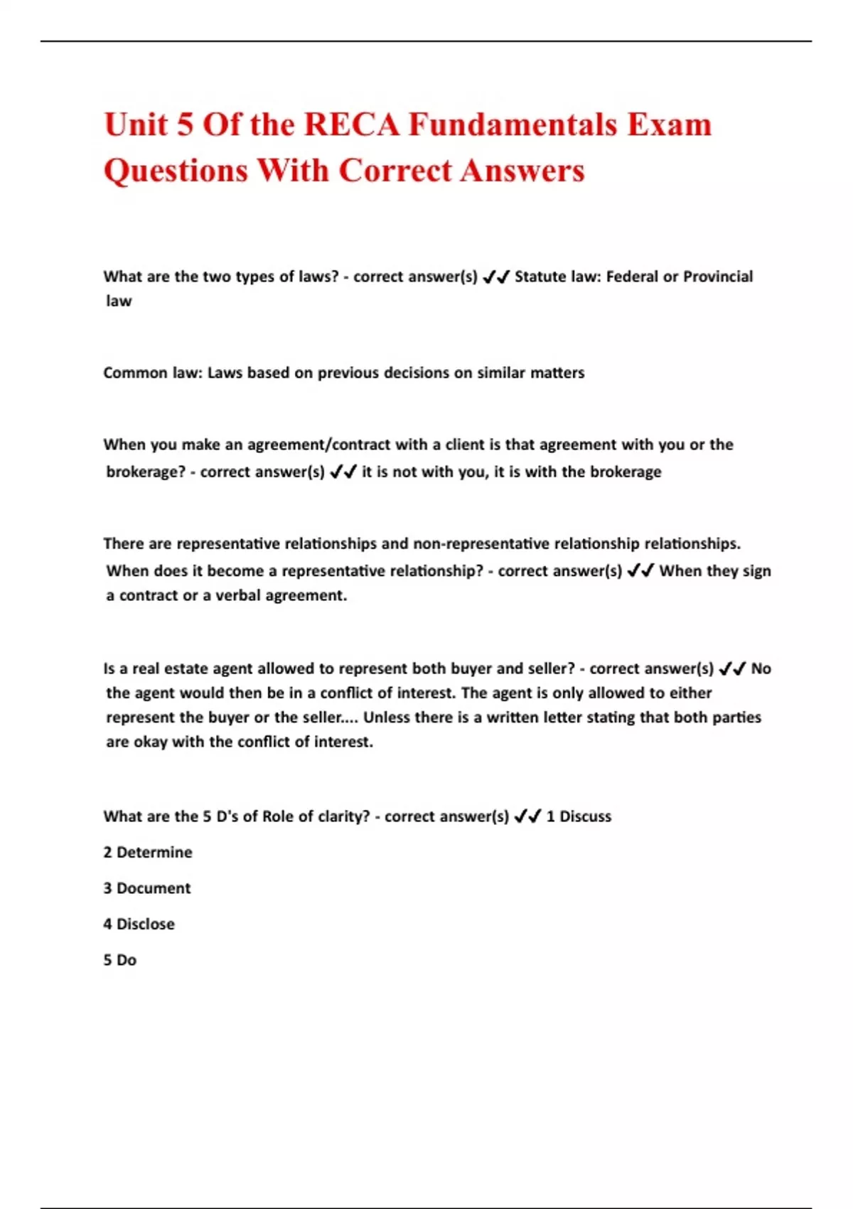 Unit 5 Of the RECA Fundamentals Exam Questions With Correct Answers - RECA - Stuvia US