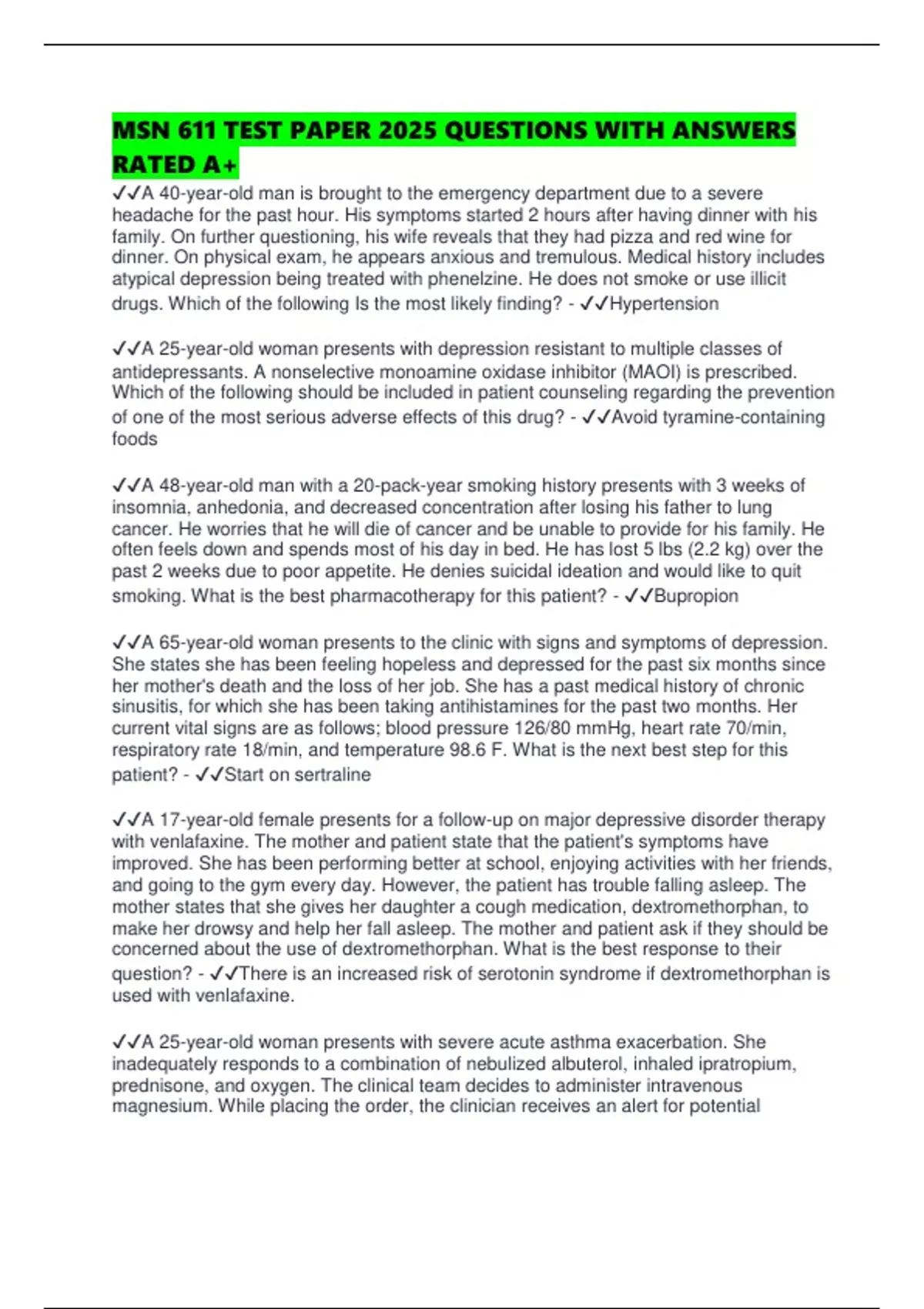 MSN 611 TEST PAPER 2025 QUESTIONS WITH ANSWERS RATED A+ - MSN 611 ...
