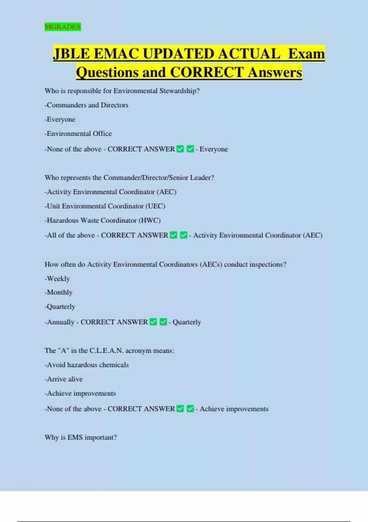 JBLE EMAC UPDATED ACTUAL Exam Questions and CORRECT Answers - EMAC ...