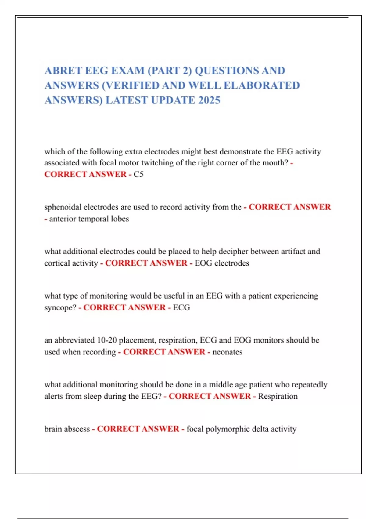 ABRET EEG EXAM (PART 2) QUESTIONS AND ANSWERS (VERIFIED AND WELL ...