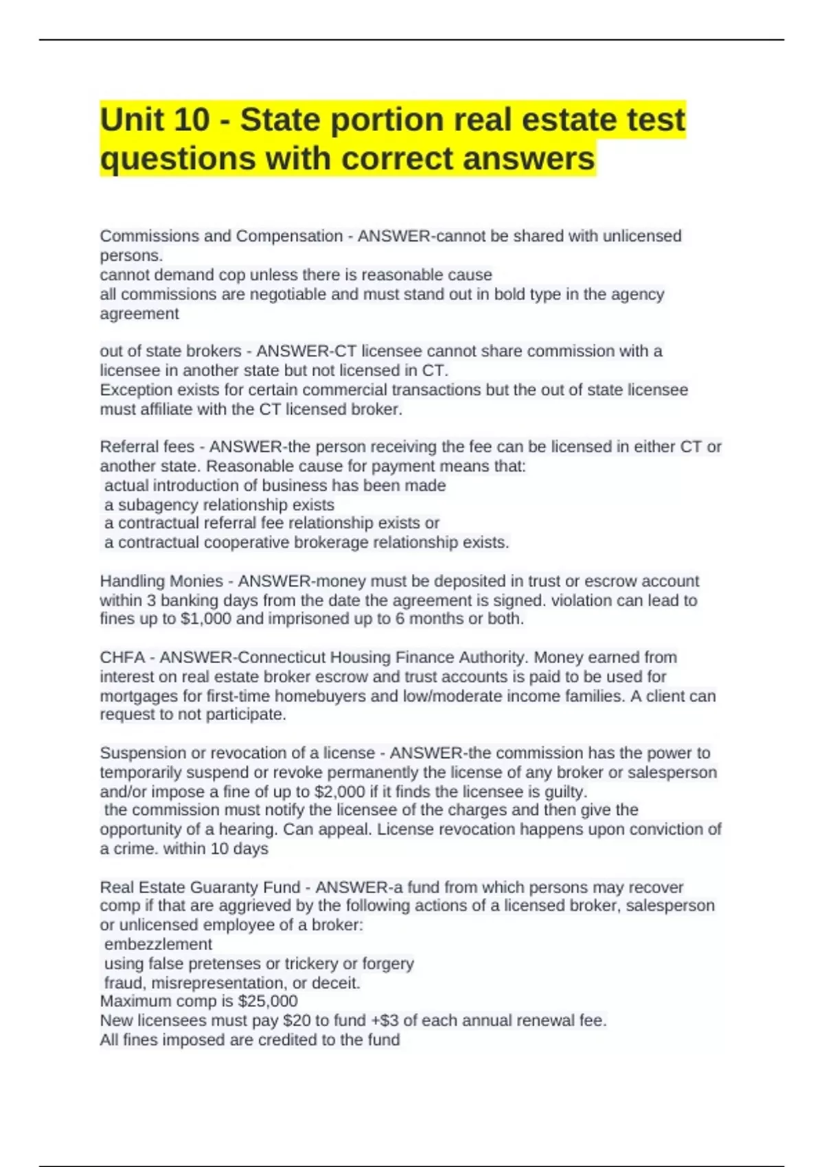 Unit 10 - State portion real estate test questions with correct answers ...