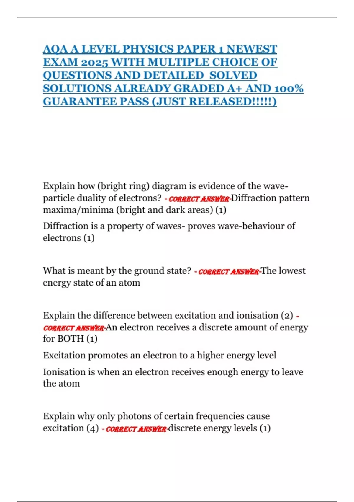 AQA A LEVEL PHYSICS PAPER 1 NEWEST EXAM 2025 WITH MULTIPLE CHOICE OF ...